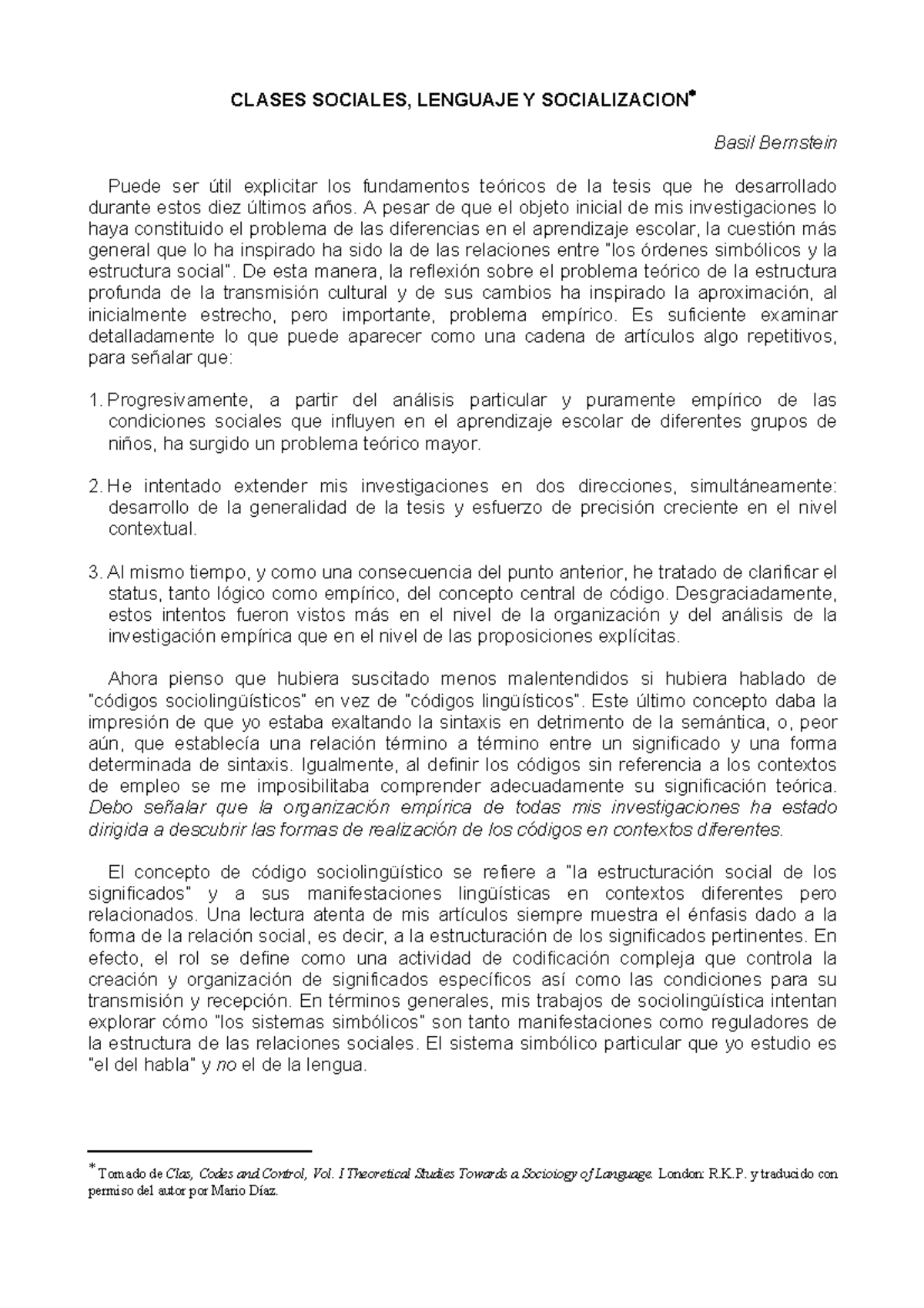 Bernstein 05 - CLASES SOCIALES, LENGUAJE Y SOCIALIZACION∗ Basil Bernstein Puede ser útil ...