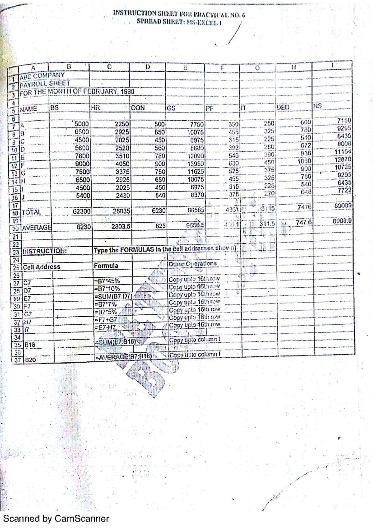 New Doc 21-1 - INSTRUCTION SHEET FOR PRACTICAL NO. 6 SPREAD SHEET: I A B C D E F G H I 1 ABC ...