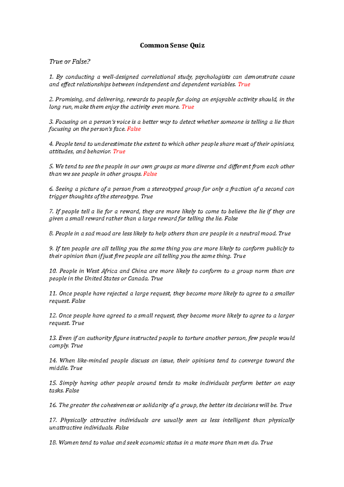 Common Sense Quiz - quizzes - Common Sense Quiz True or False? By ...