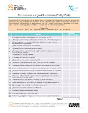 Zarit - Escala - Test sobre la carga del cuidador (Zarit y Zarit) A ...