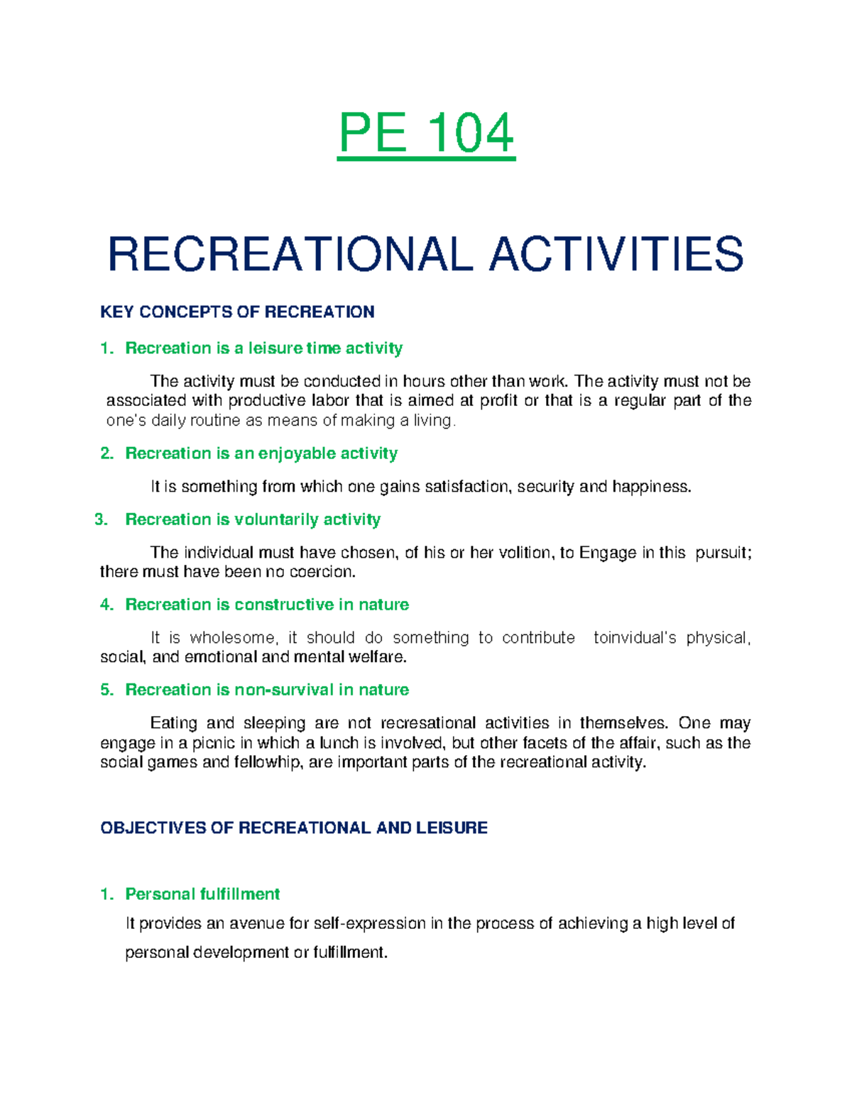Week 3 Lecture- Recreational Activities - PE 104 RECREATIONAL ...