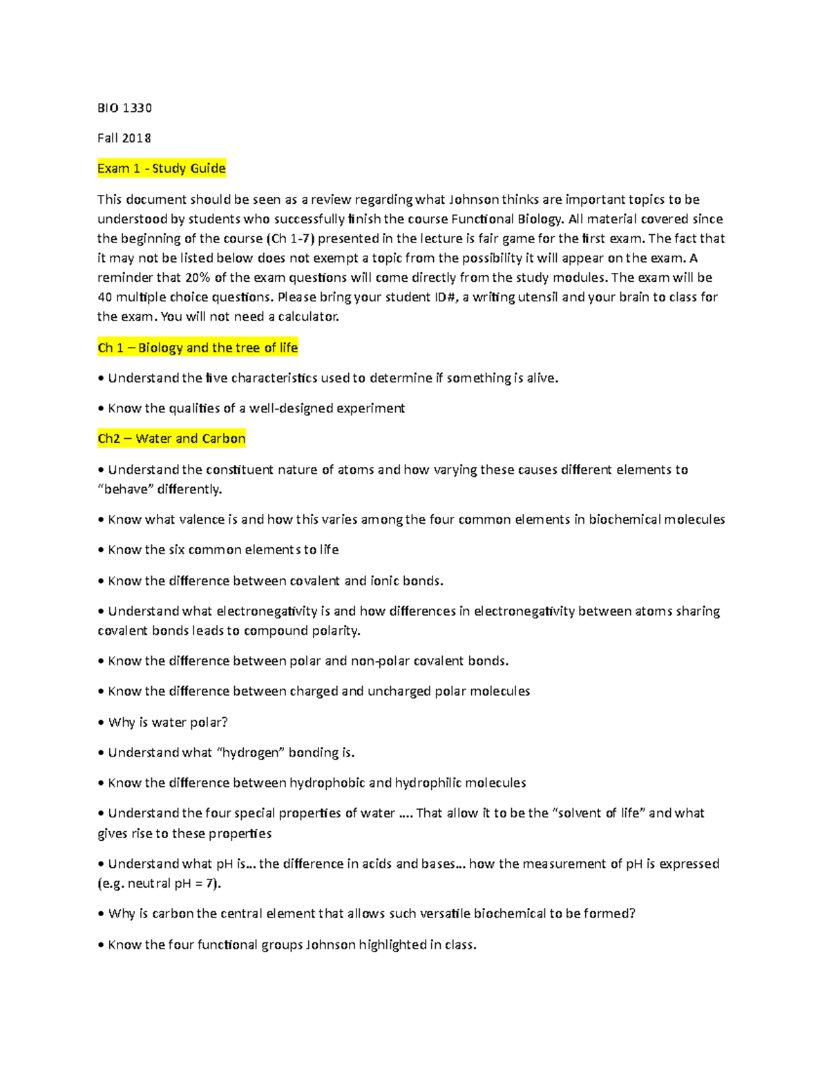 Bio review - BIO 1330 Fall 2018 Exam 1 - Study Guide This document ...