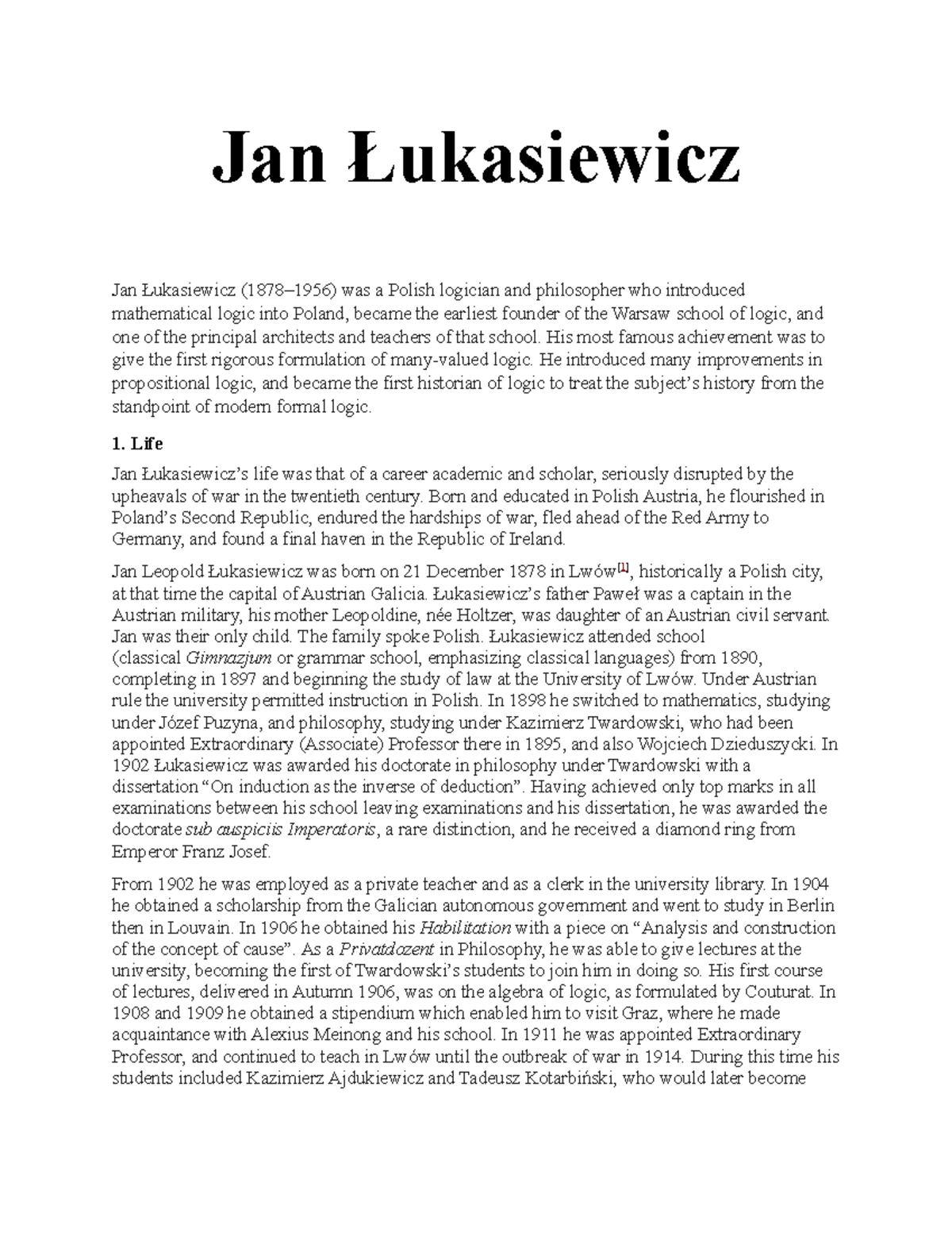 Lecture Jan Łukasiewicz - Jan Łukasiewicz Jan Łukasiewicz (1878–1956 ...