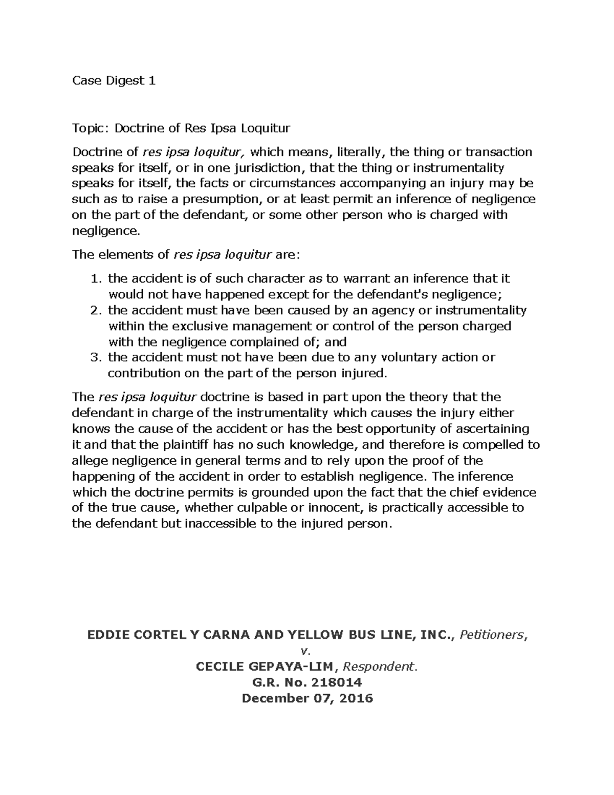 Case Digest 1 (Res ipso liquitur) - Case Digest 1 Topic: Doctrine of ...