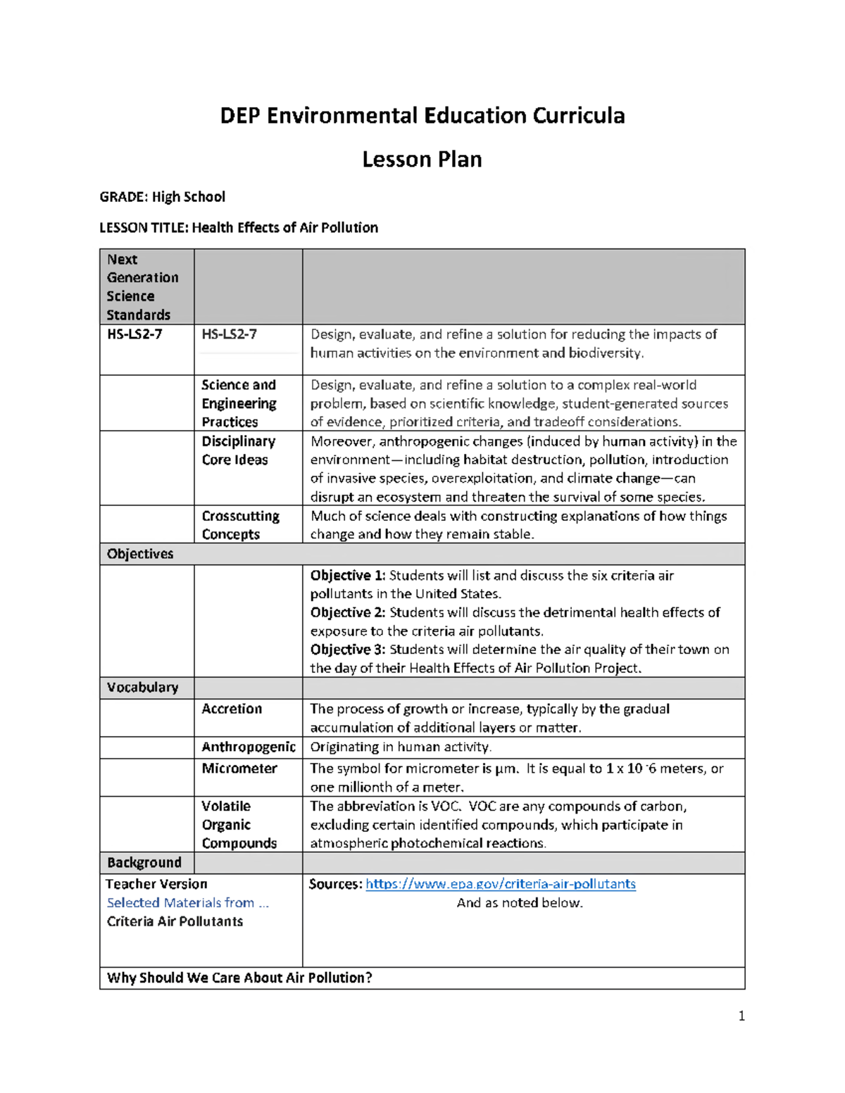 Lesson Plan Health Effects of Air Pollution - D E P Environmental ...