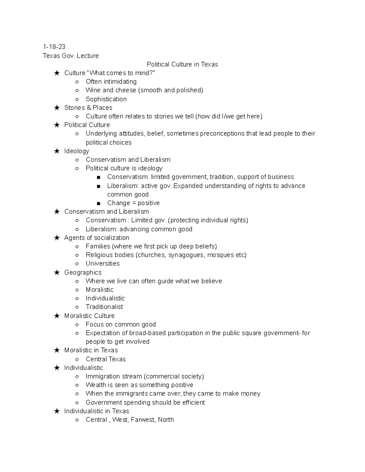 1-19-23 Texas Gov. Lecture - 1-19- Texas Gov. Lecture Political Culture ...