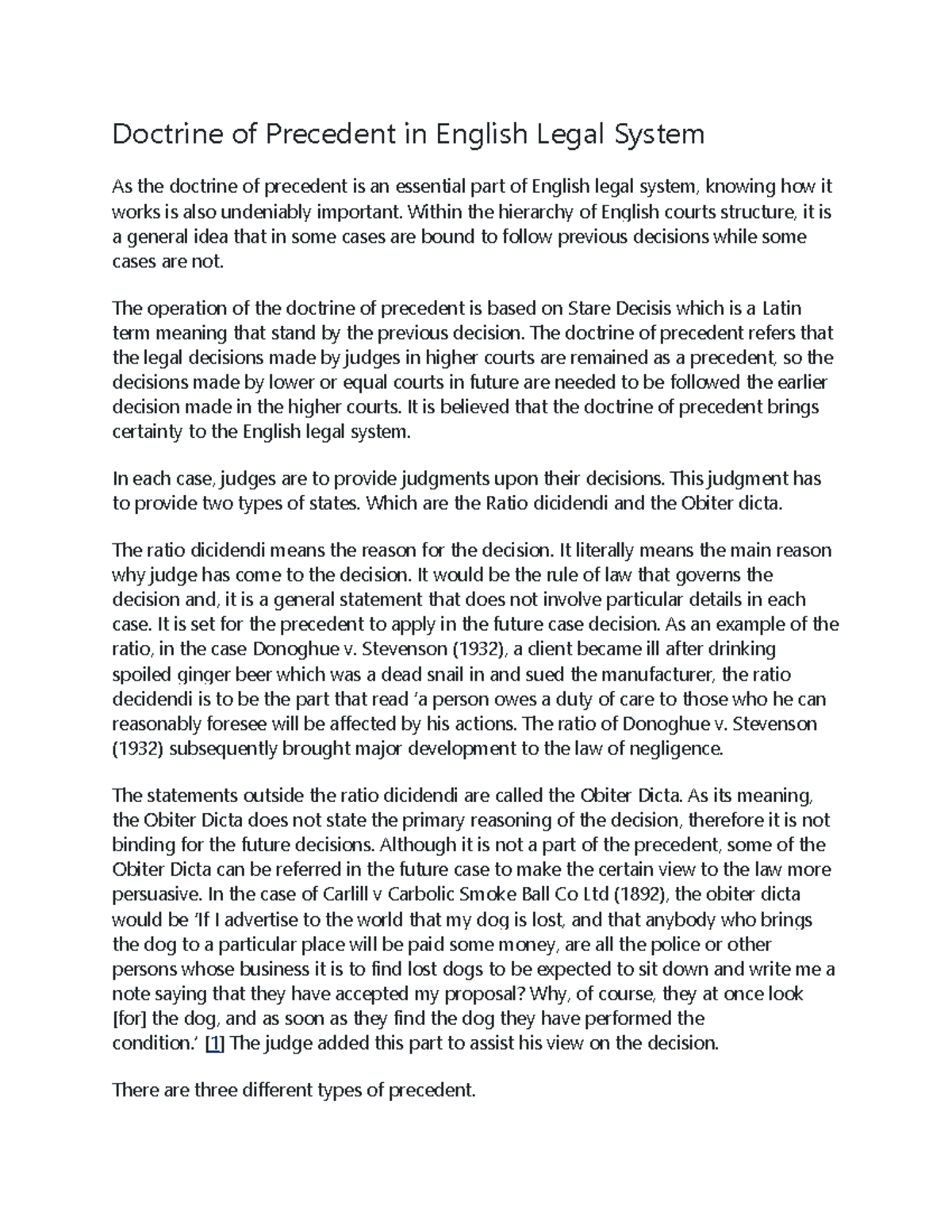 Doctrine of Precedent in English Legal System - Within the hierarchy of English courts structure ...