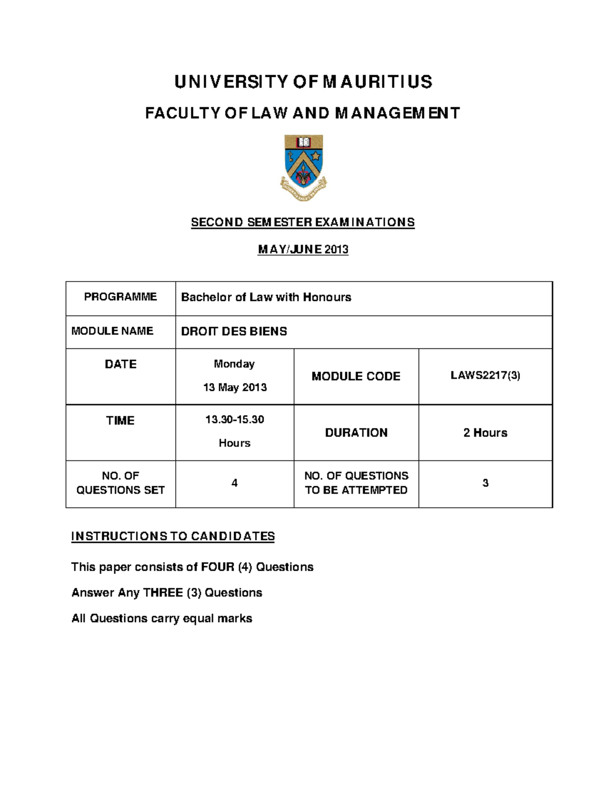 2013 - past paper - UNIVERSITY OF M A URITIUS FACULTY OF LAW AND ...
