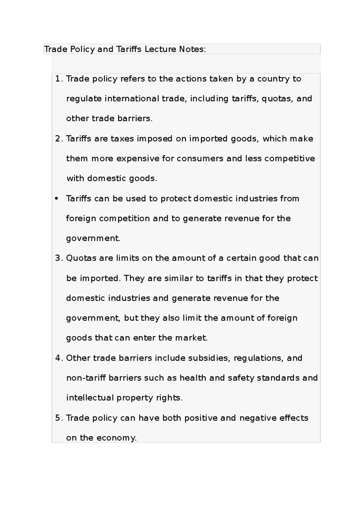 Trade Policy and Tariffs Lecture Notes - Tariffs are taxes imposed on ...