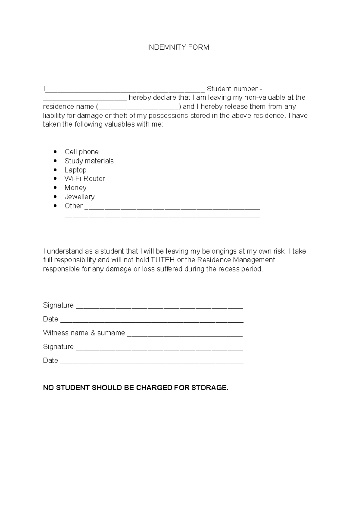 Indemnity FORM - Hope it helps - INDEMNITY FORM I