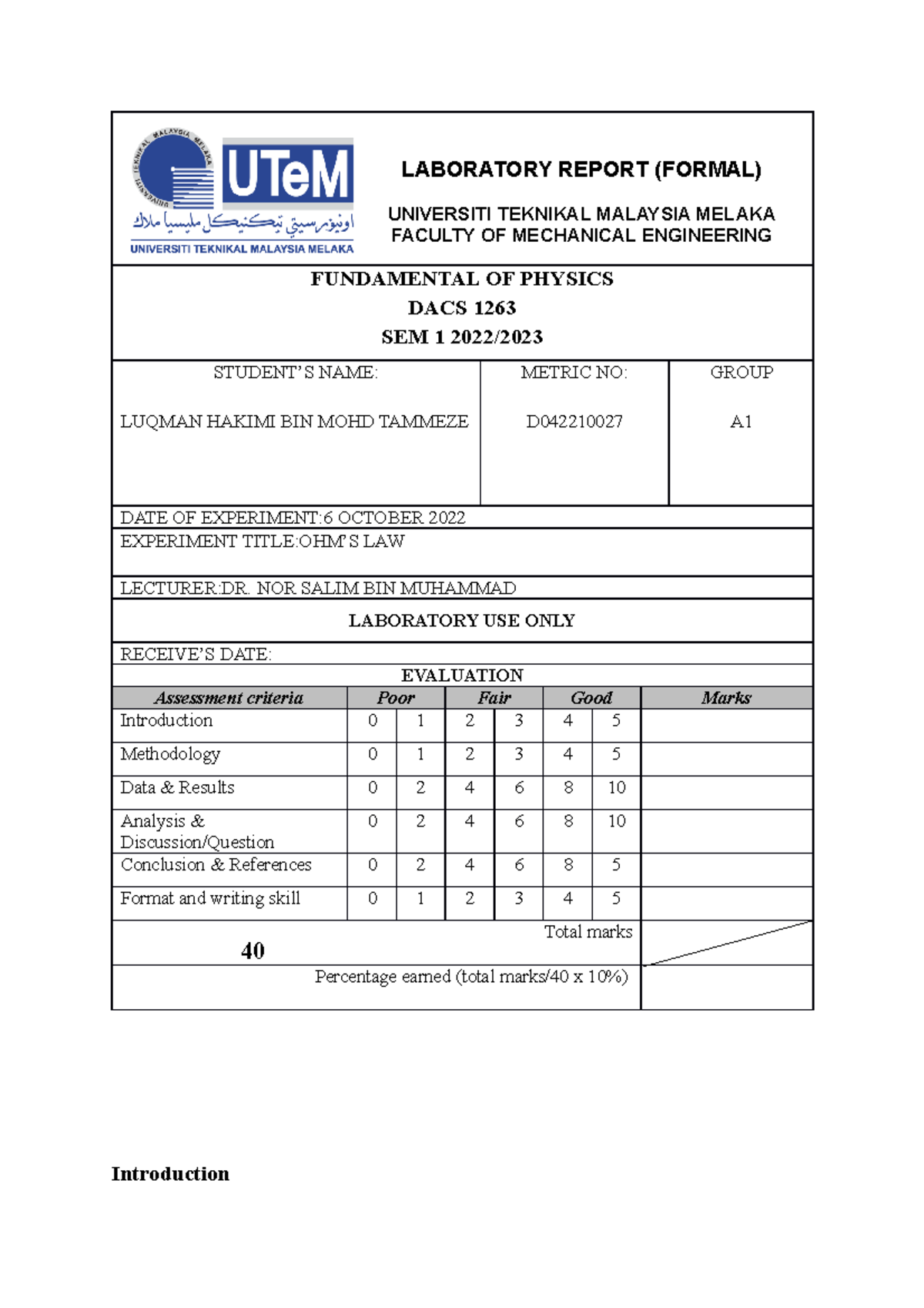 Cover Page for Formal Report F2F - FUNDAMENTAL OF PHYSICS DACS 1263 SEM ...