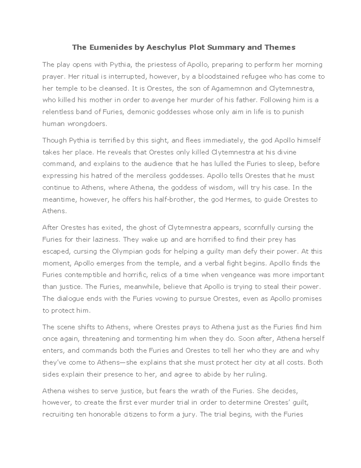 The Eumenides by Aeschylus Plot Summary and Themes - Her ritual is ...