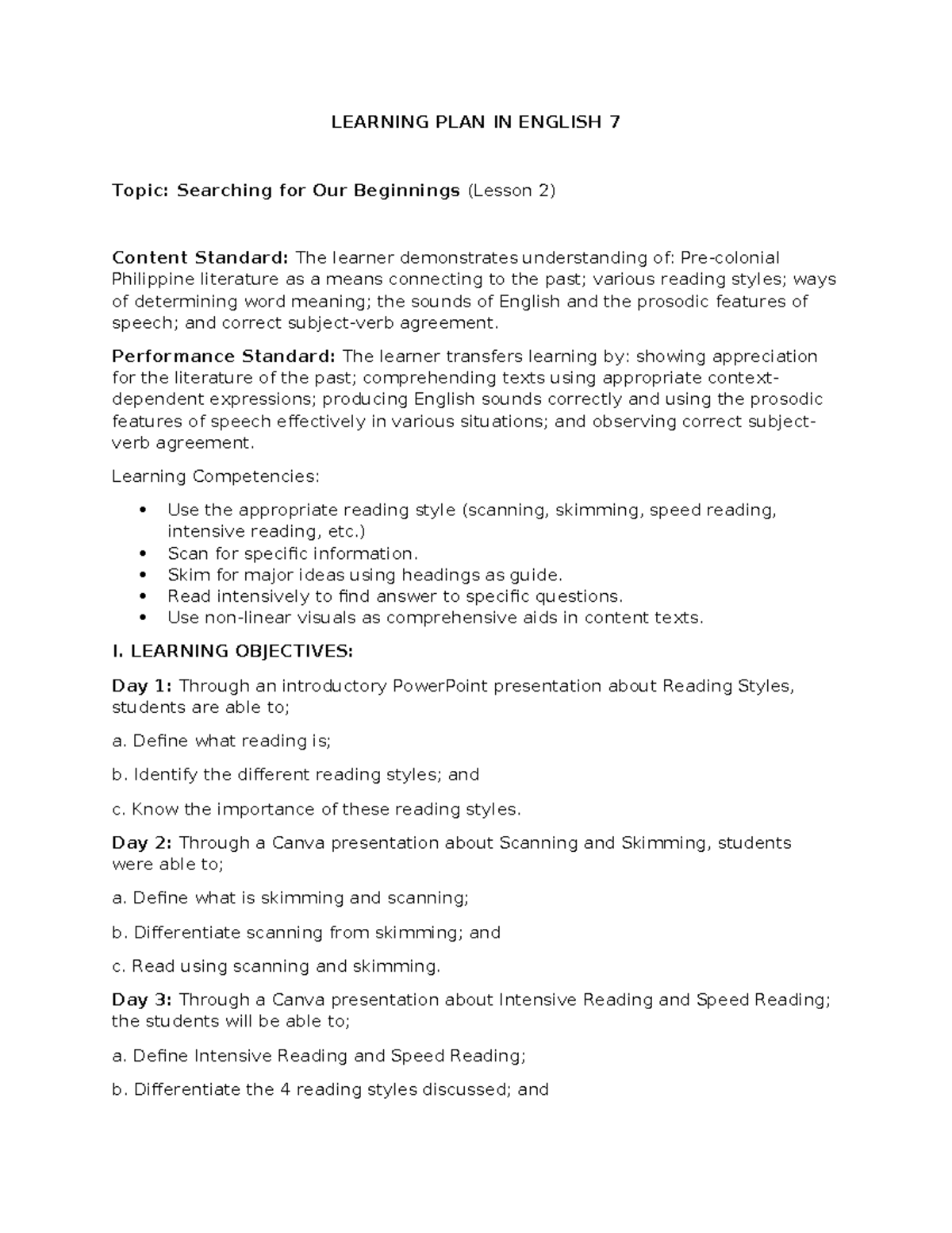 Learning PLAN IN English 7 - LEARNING PLAN IN ENGLISH 7 Topic ...