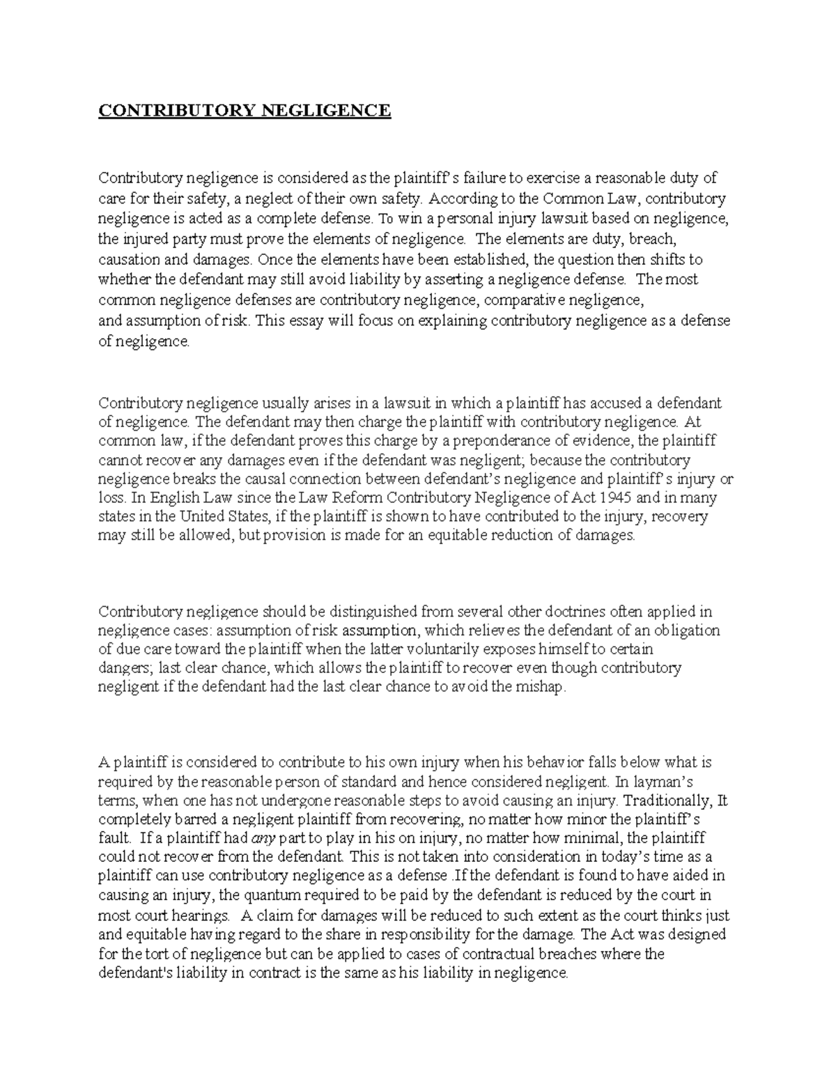 Contributory Negligence - CONTRIBUTORY NEGLIGENCE Contributory ...