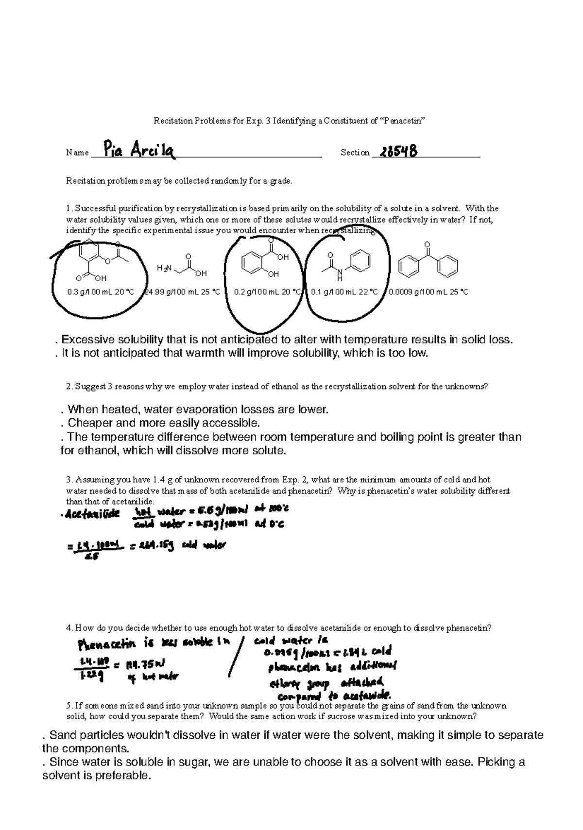 Recitation+for+Exp+3 - Recitation Problems for Exp. 3 Identifying a Constituent of “Panacetin ...