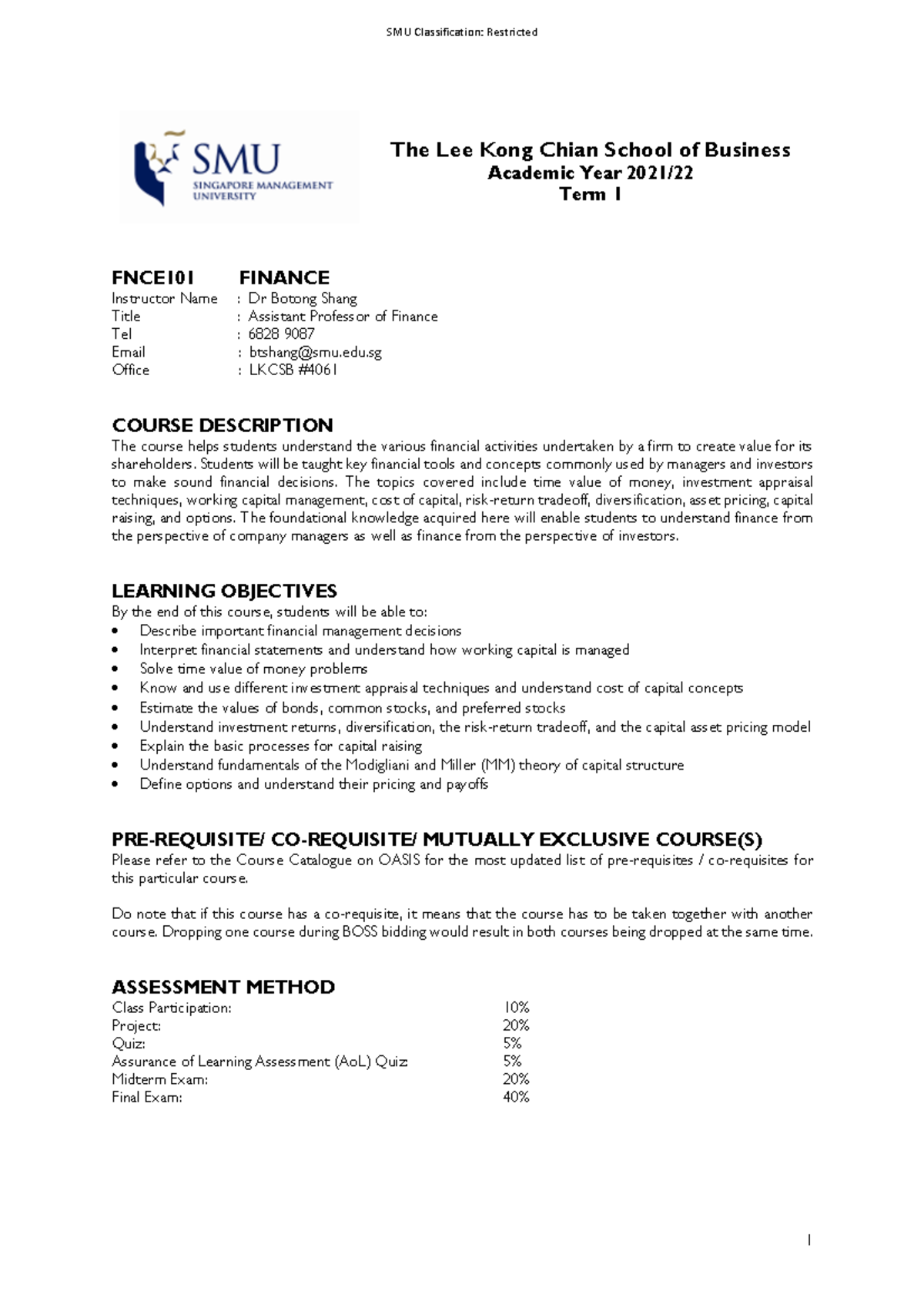 FNCE101 Lkcsb Instructor 1-1 course outline - FNCE101 - SMU - Studocu
