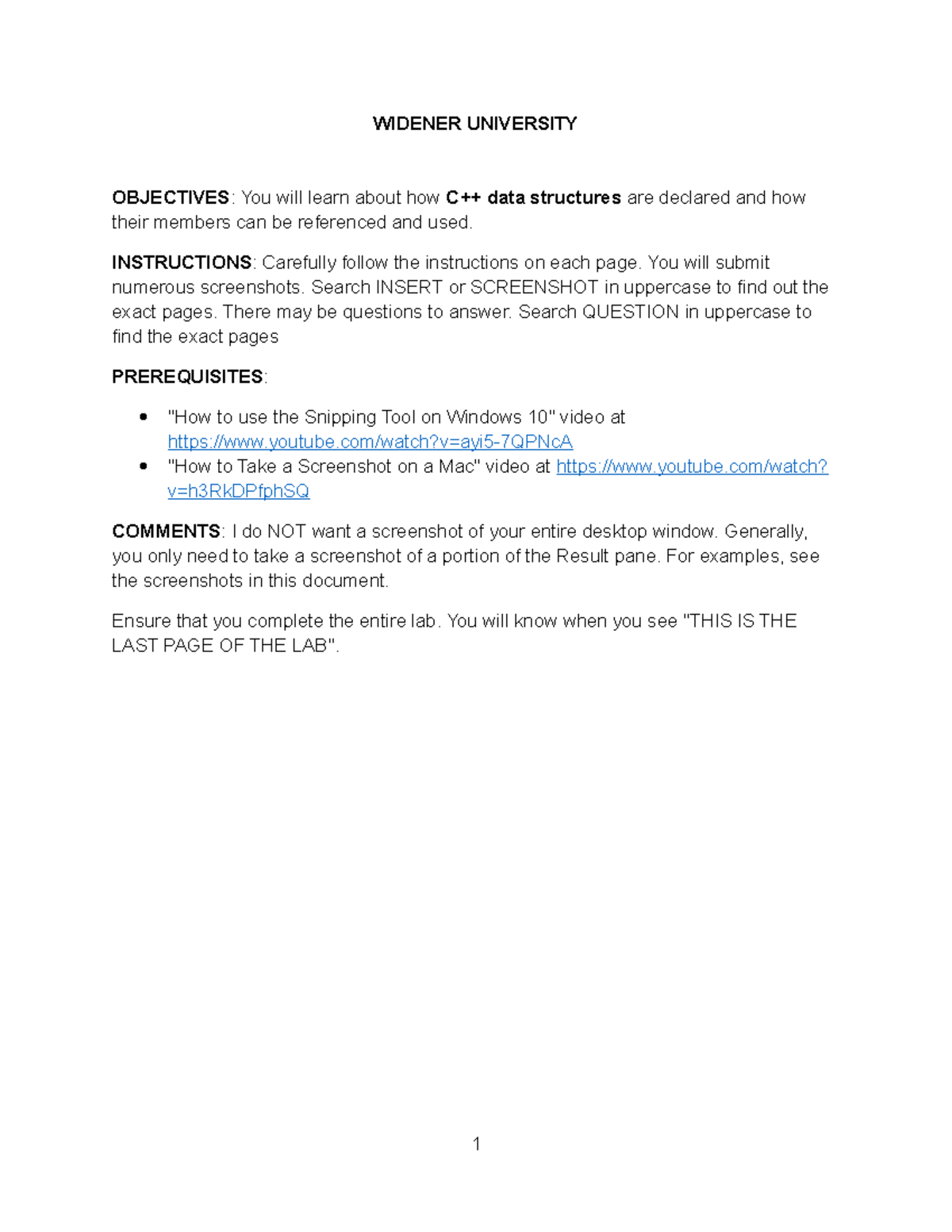 Data Structures Lab - WIDENER UNIVERSITY OBJECTIVES: You will learn about how C++ data ...