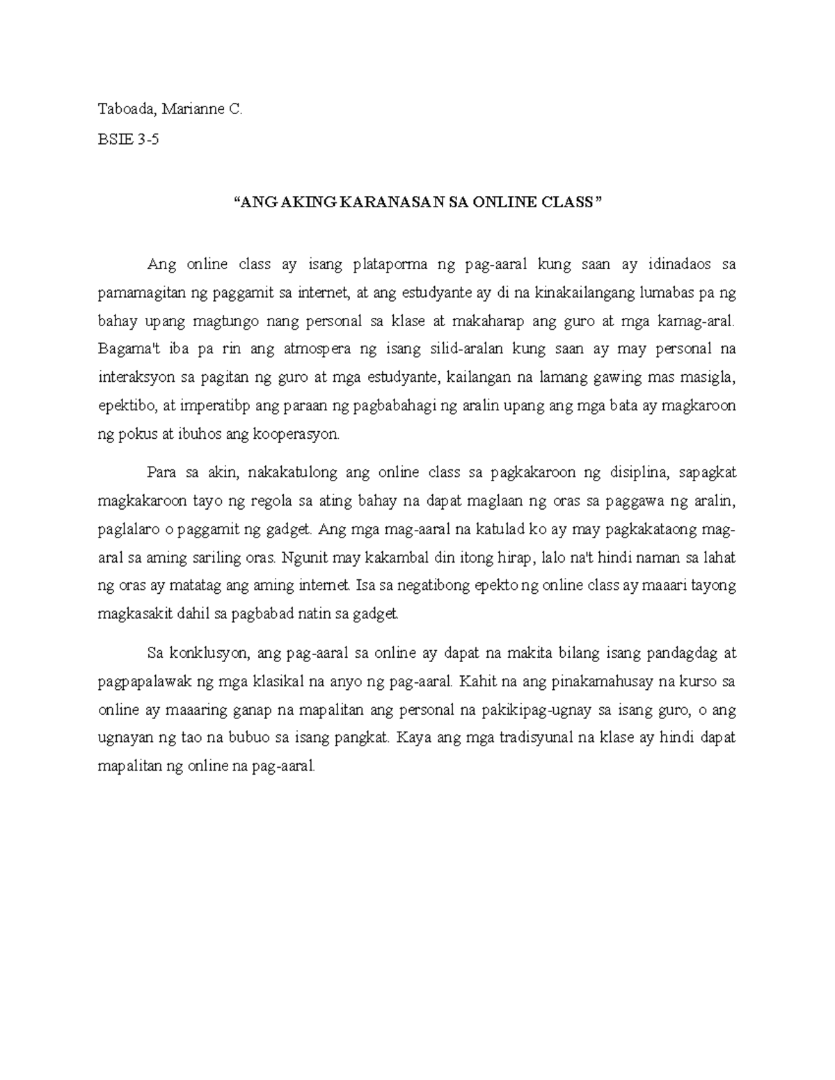 Worksheet 3 - Lecture notes 3 - Taboada, Marianne C. BSIE 3- “ANG AKING ...