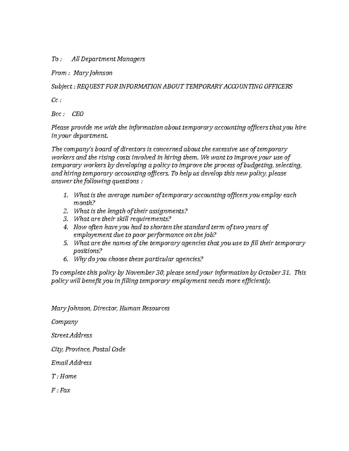 Email that Requests (class) - To : All Department Managers From : Mary ...