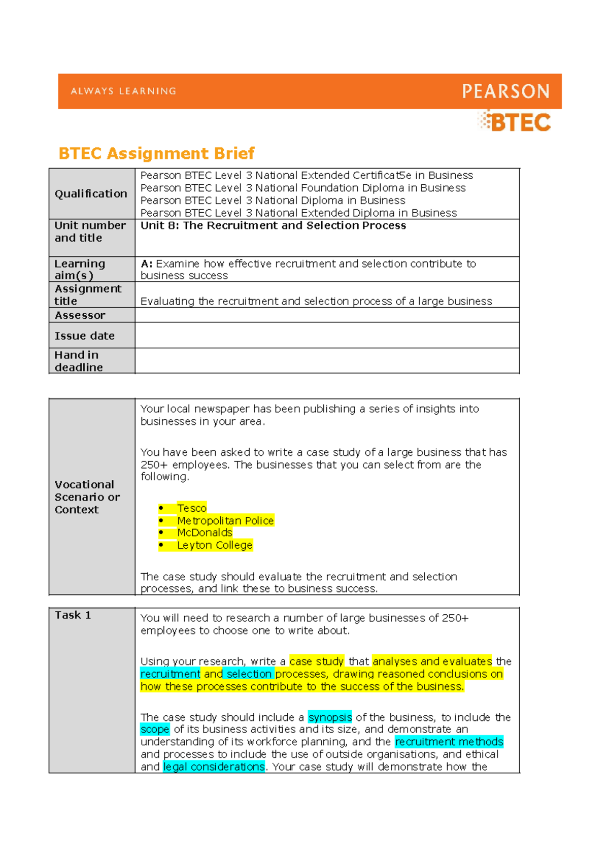 Unit 8 - BTEC Assignment Brief Qualification Pearson BTEC Level 3 ...