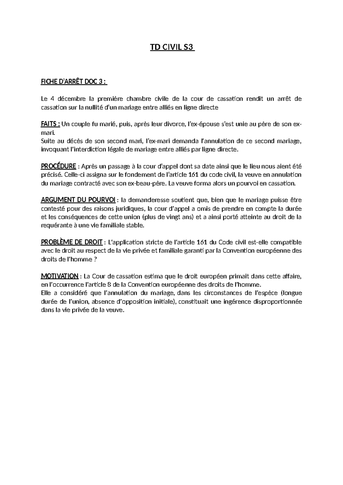TD Civil S3 - TD CIVIL S FICHE D’ARRÊT DOC 3 : Le 4 décembre la ...