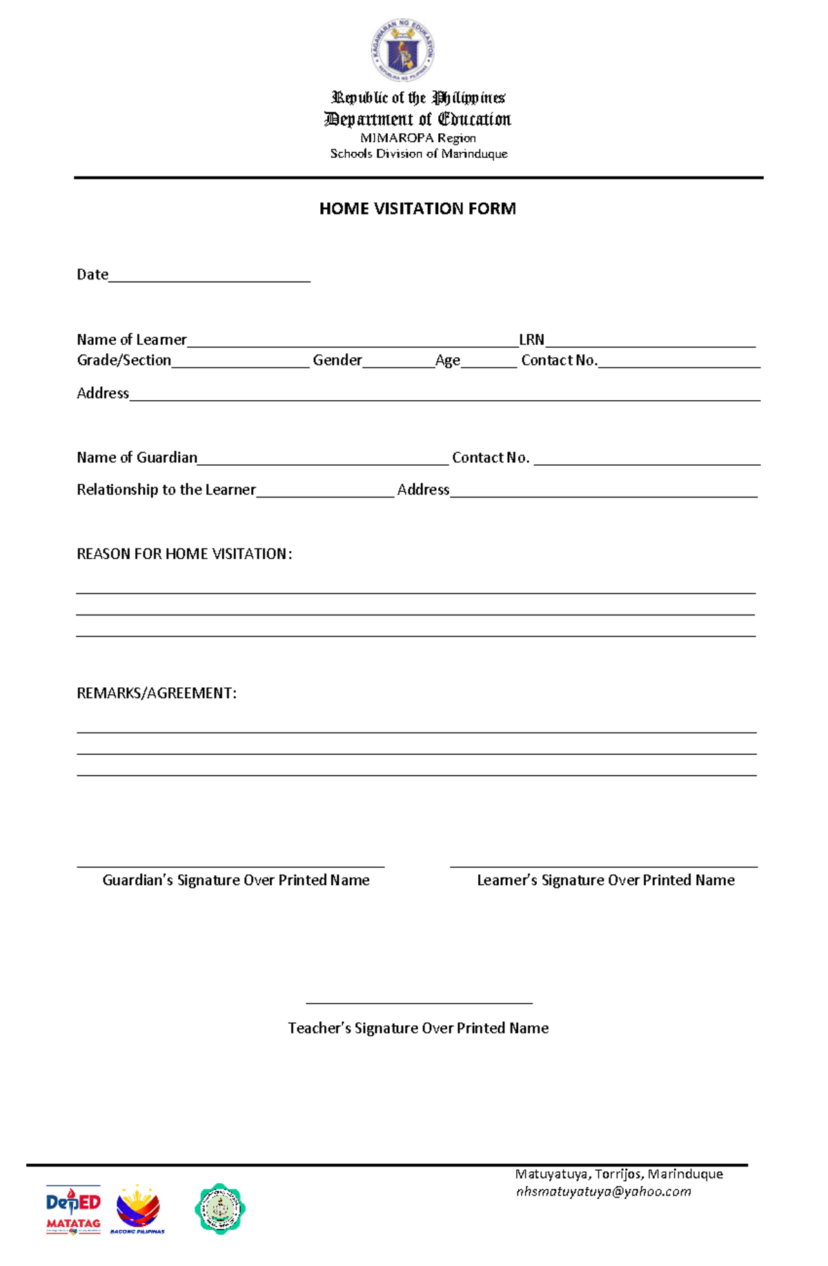 Home Visitation Form - home visit sample - Republic of the Philippines ...