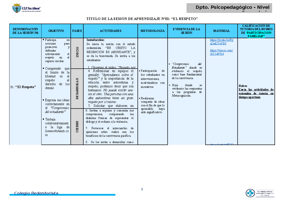 Sesion 02 - Tutoria - EL Respeto - TÍTULO DE LA SESIÓN DE APRENDIZAJE N°01: “EL RESPETO” - Studocu