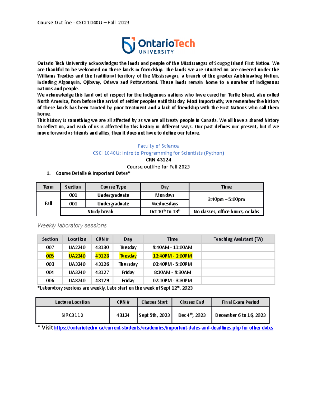 CSCI1040U Syllabus - Ontario Tech University acknowledges the lands and ...