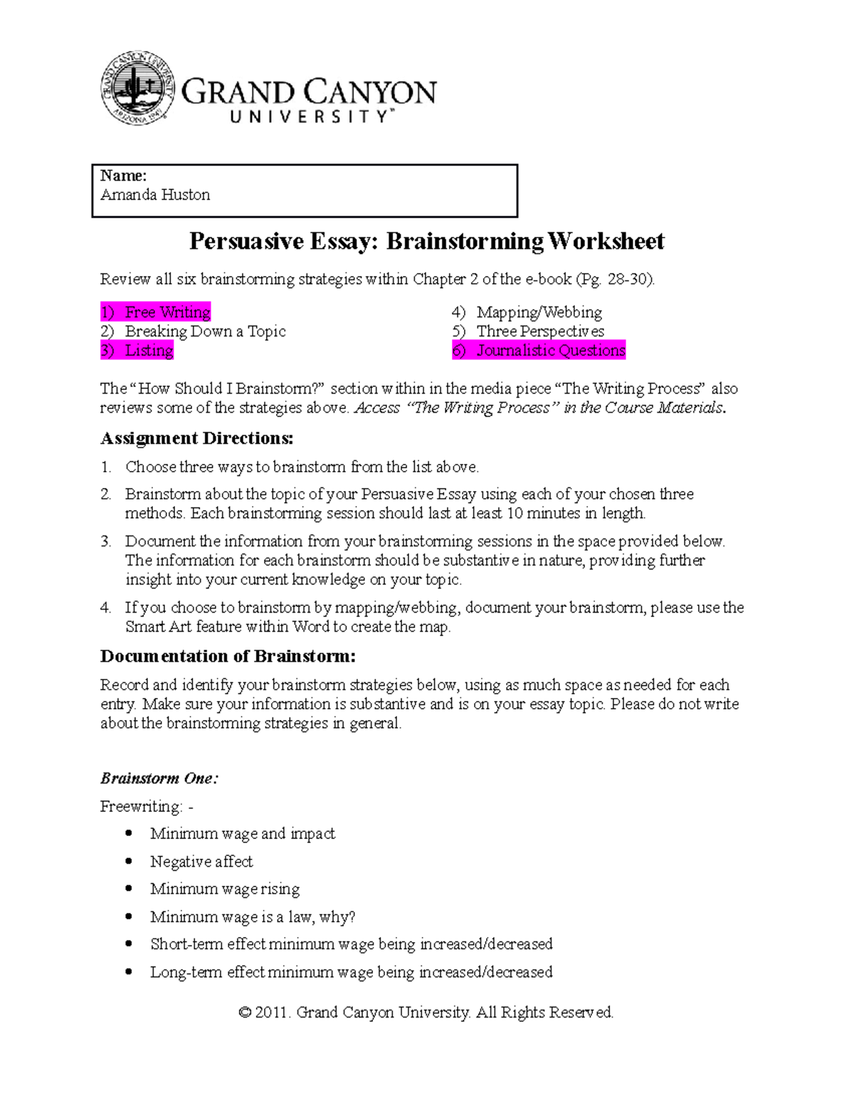 Mimimim wage laws brainstorm sheet - Name: Amanda Huston Persuasive ...