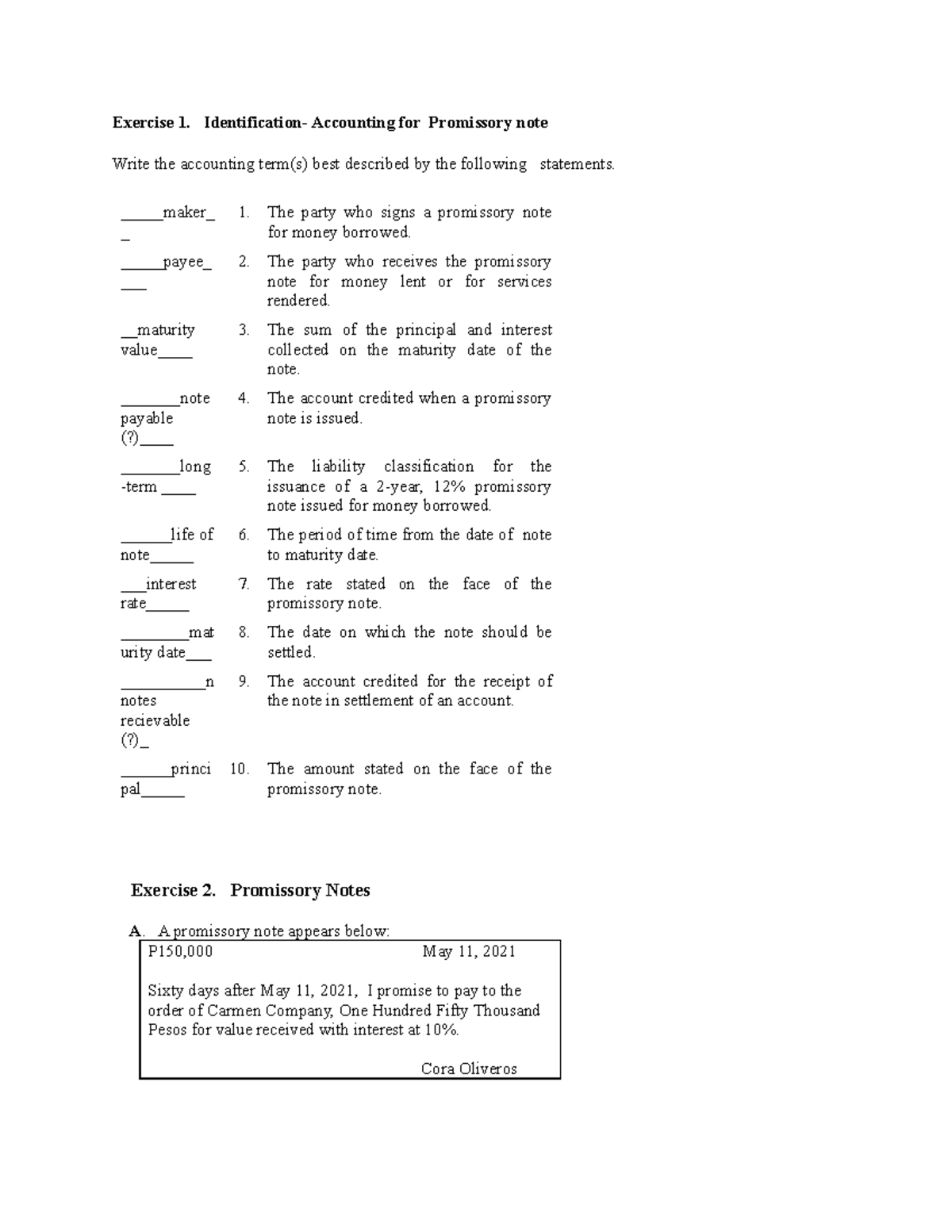 Promissory notes - evQuiz answers - Exercise 1. Identification ...