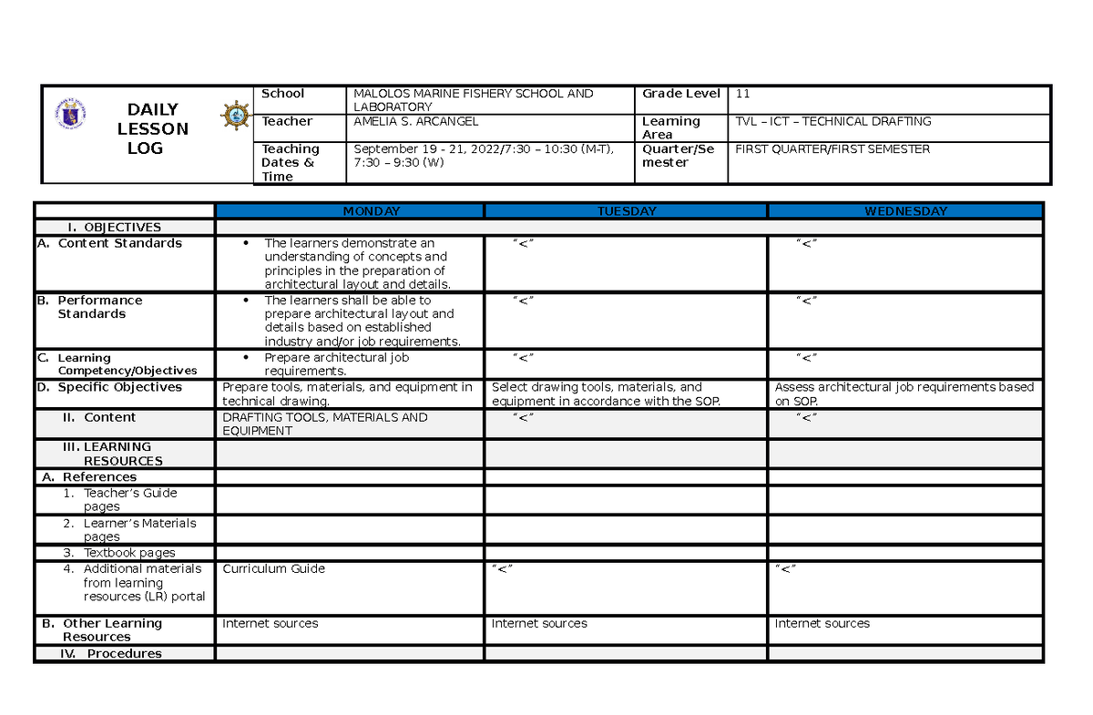 DLL-TD-Week 3- Tools - DAILY LESSON LOG School MALOLOS MARINE FISHERY ...