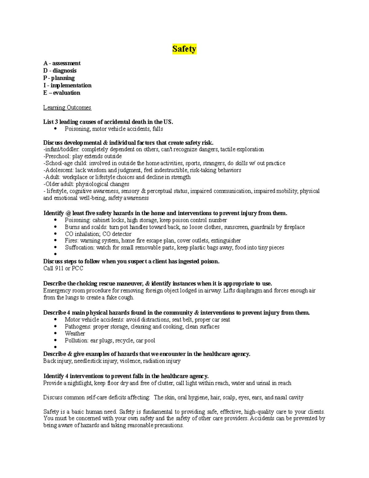 Safety Notes (processII) - Safety A - assessment D - diagnosis P ...