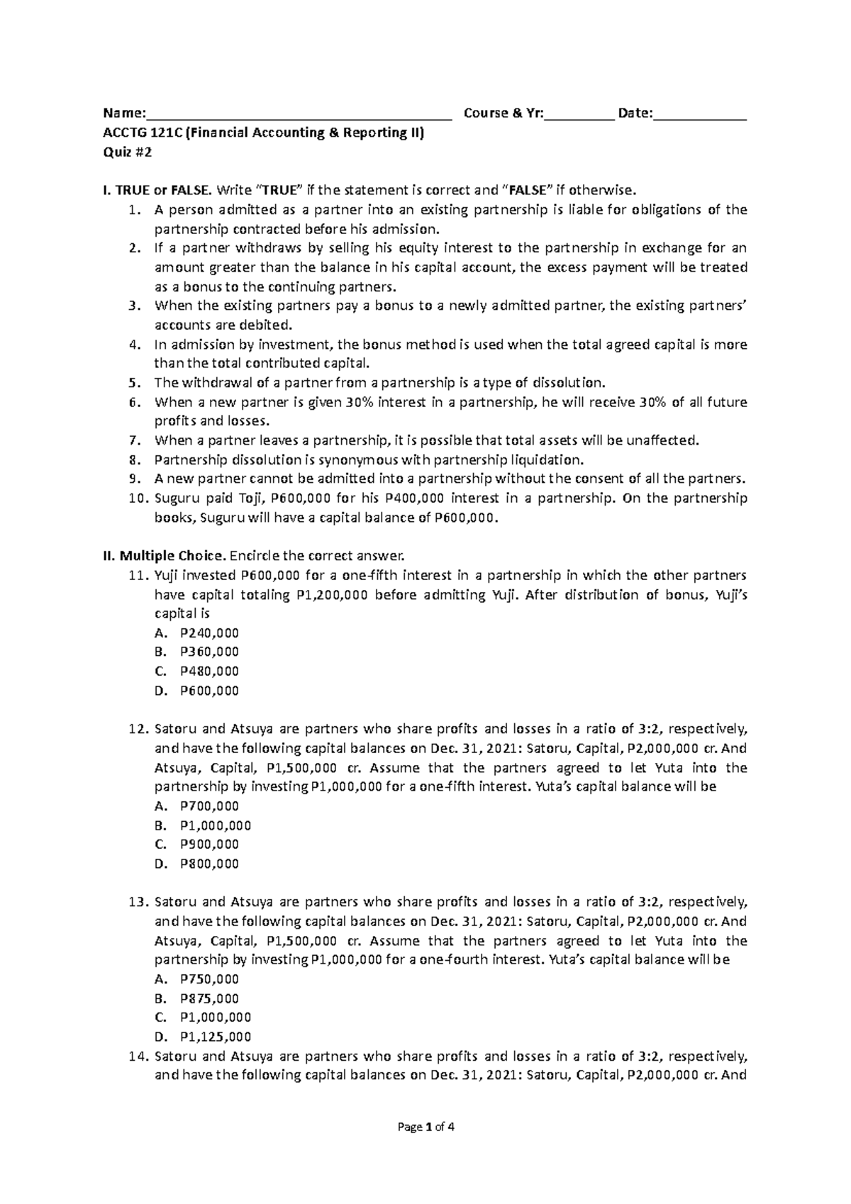 ACC 111-Q1 - Quiz - Name:_______________________________________ Course ...
