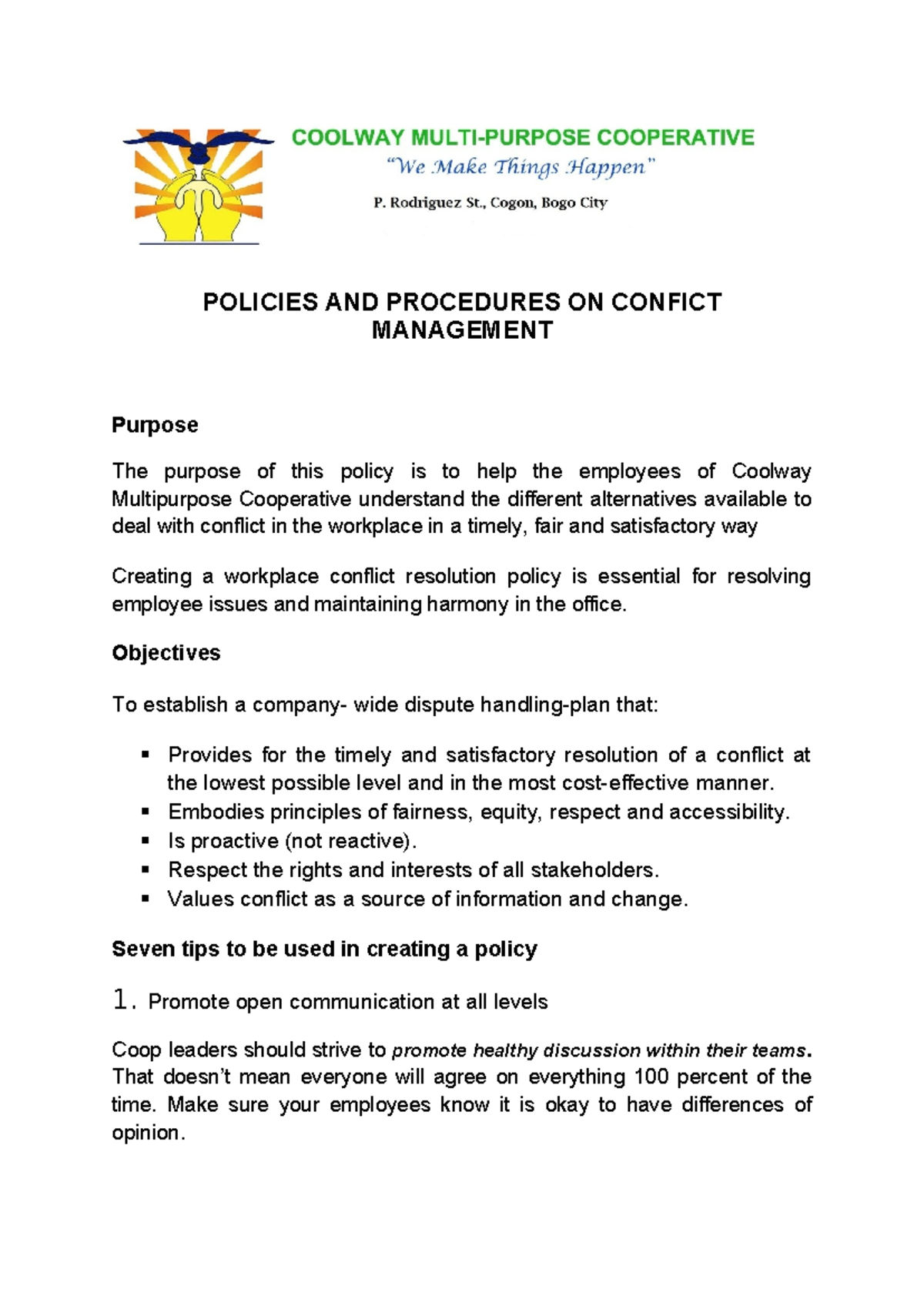 Policies AND Procedures ON Confict Management - POLICIES AND PROCEDURES ...