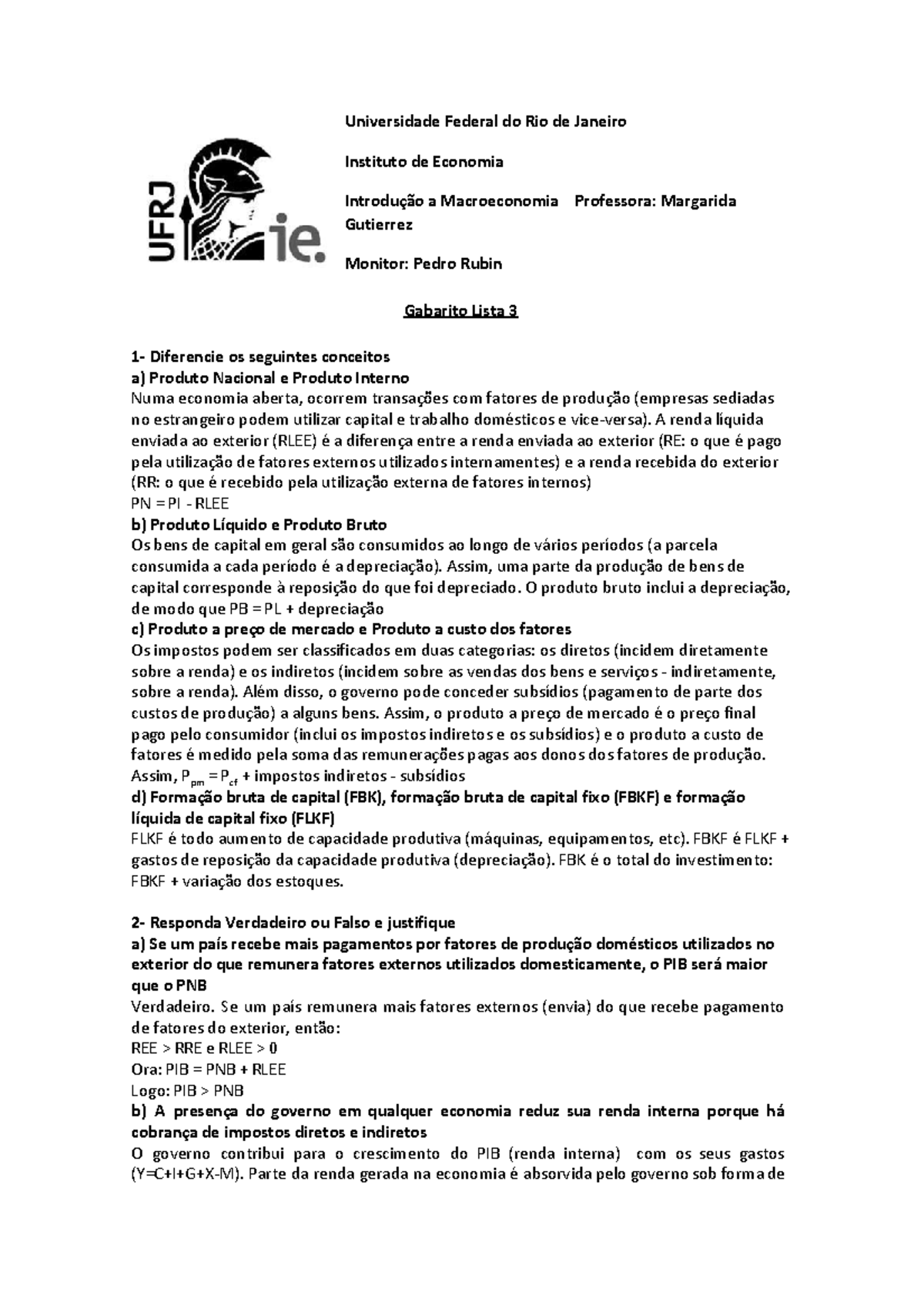 Lista 3 Gabarito - Professora Margarida - Universidade Federal do Rio ...