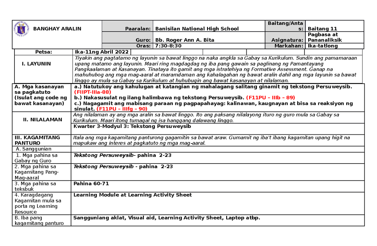 Tekstong Persuweysib - BANGHAY ARALIN Paaralan: Banisilan National High ...