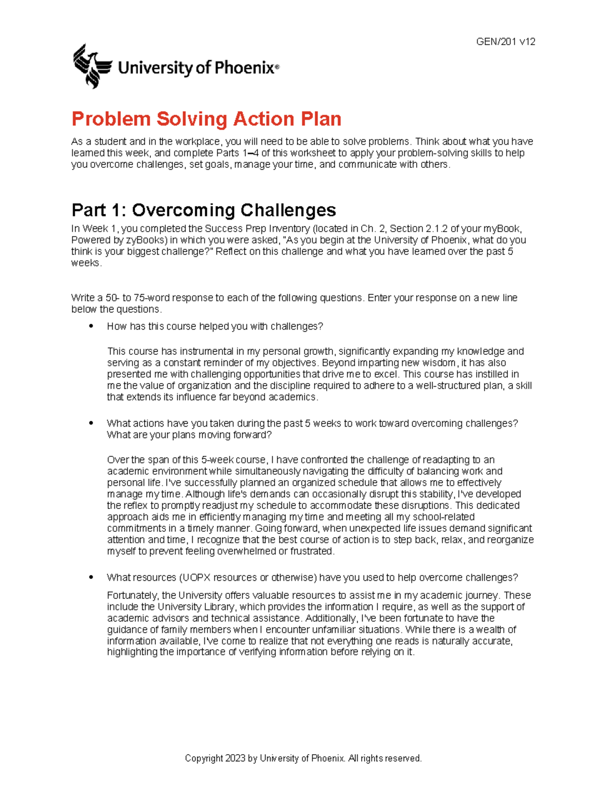 Gen201 v12 wk5 problem solving action plan - GEN/201 v Problem Solving ...