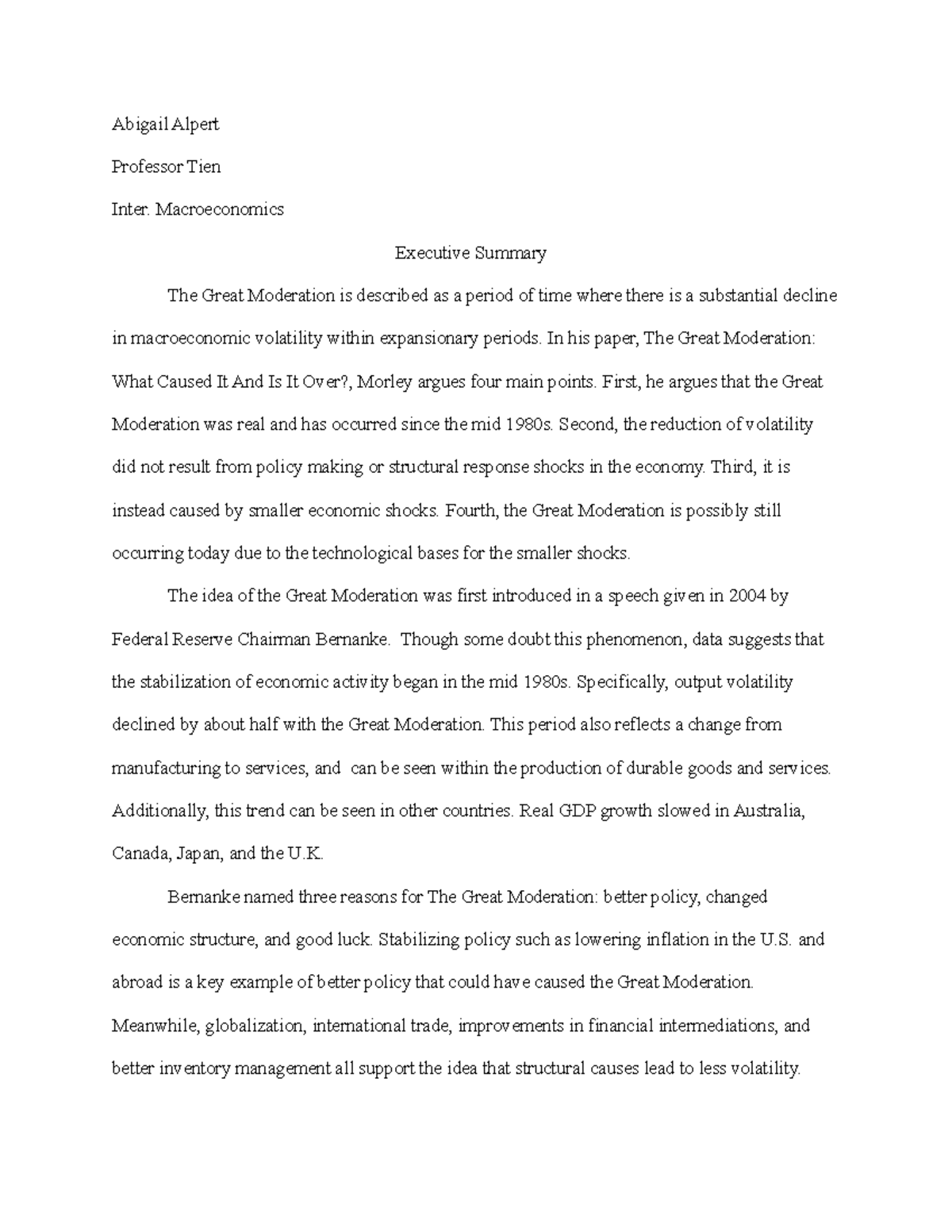 The Great Moderation Reading Summary - Abigail Alpert Professor Tien ...