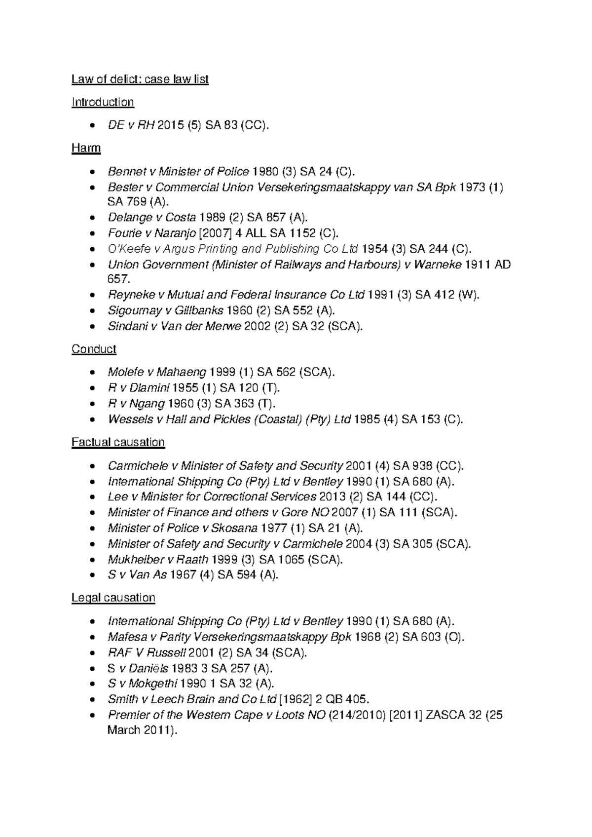 Law of delict case list - Law cases - Law of delict: case law list ...