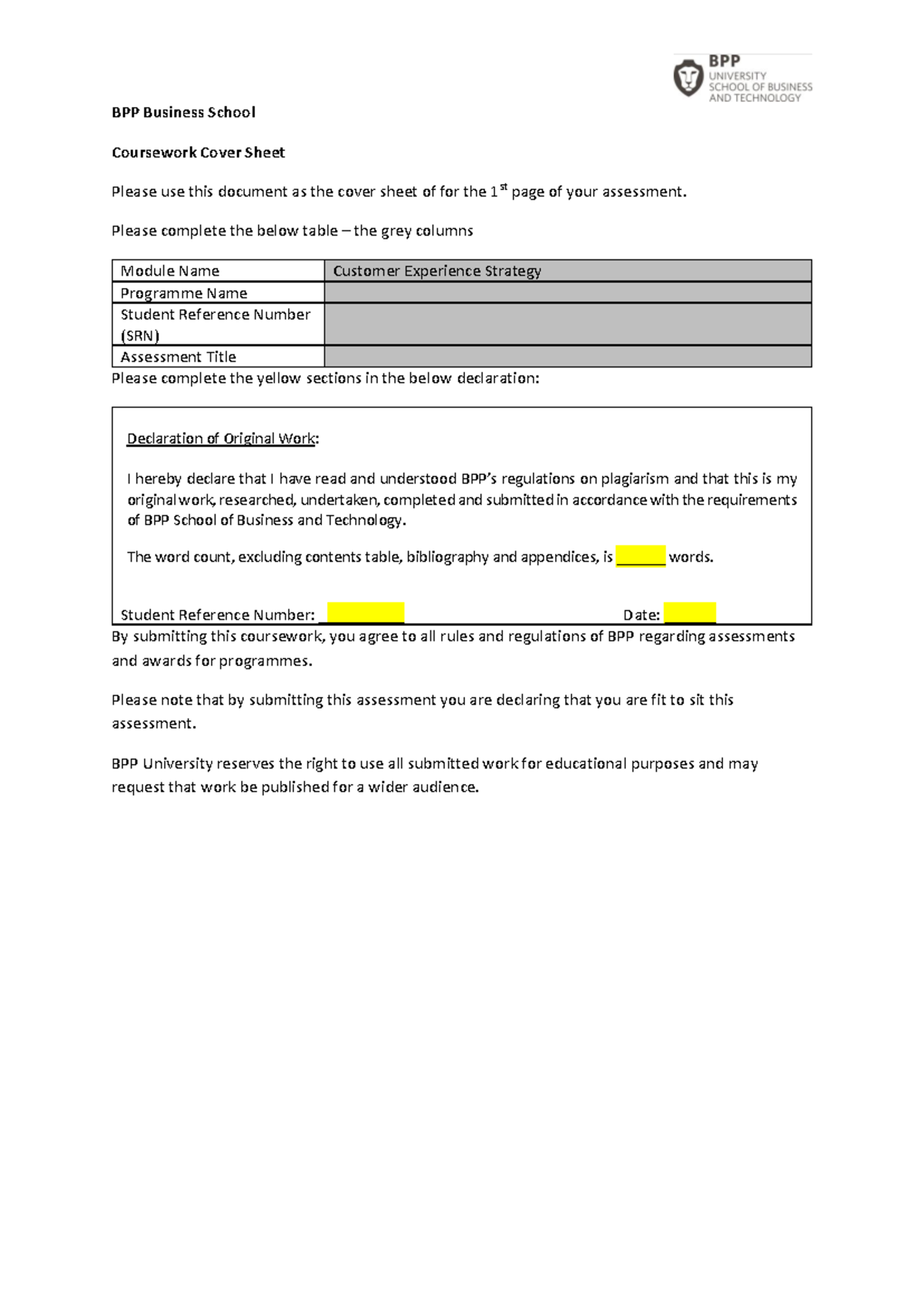 Customer Experience Strategy Formative Assessment CW4 AJW - BPP Business School Coursework Cover ...