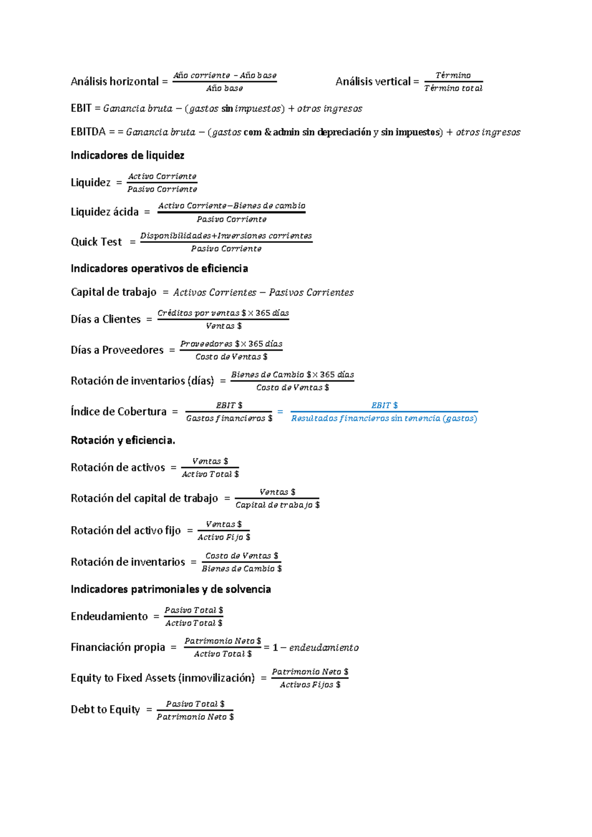 4. HOJA DE Formulas Contabilidad - Análisis horizontal = 𝐴ñ𝑜 𝑐𝑜𝑟𝑟𝑖𝑒𝑛𝑡𝑒 ...