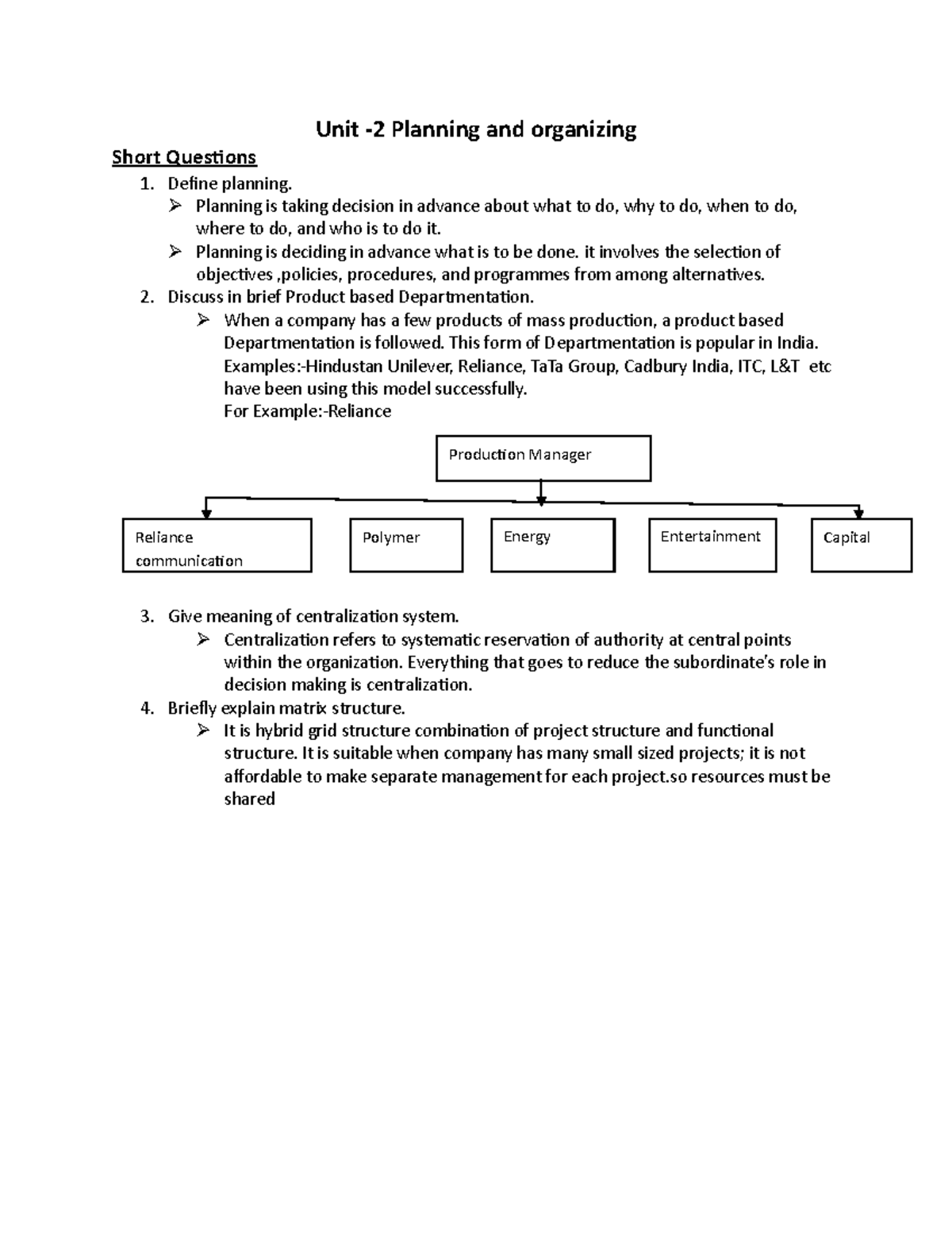 Planning and organizing - Unit -2 Planning and organizing Short ...