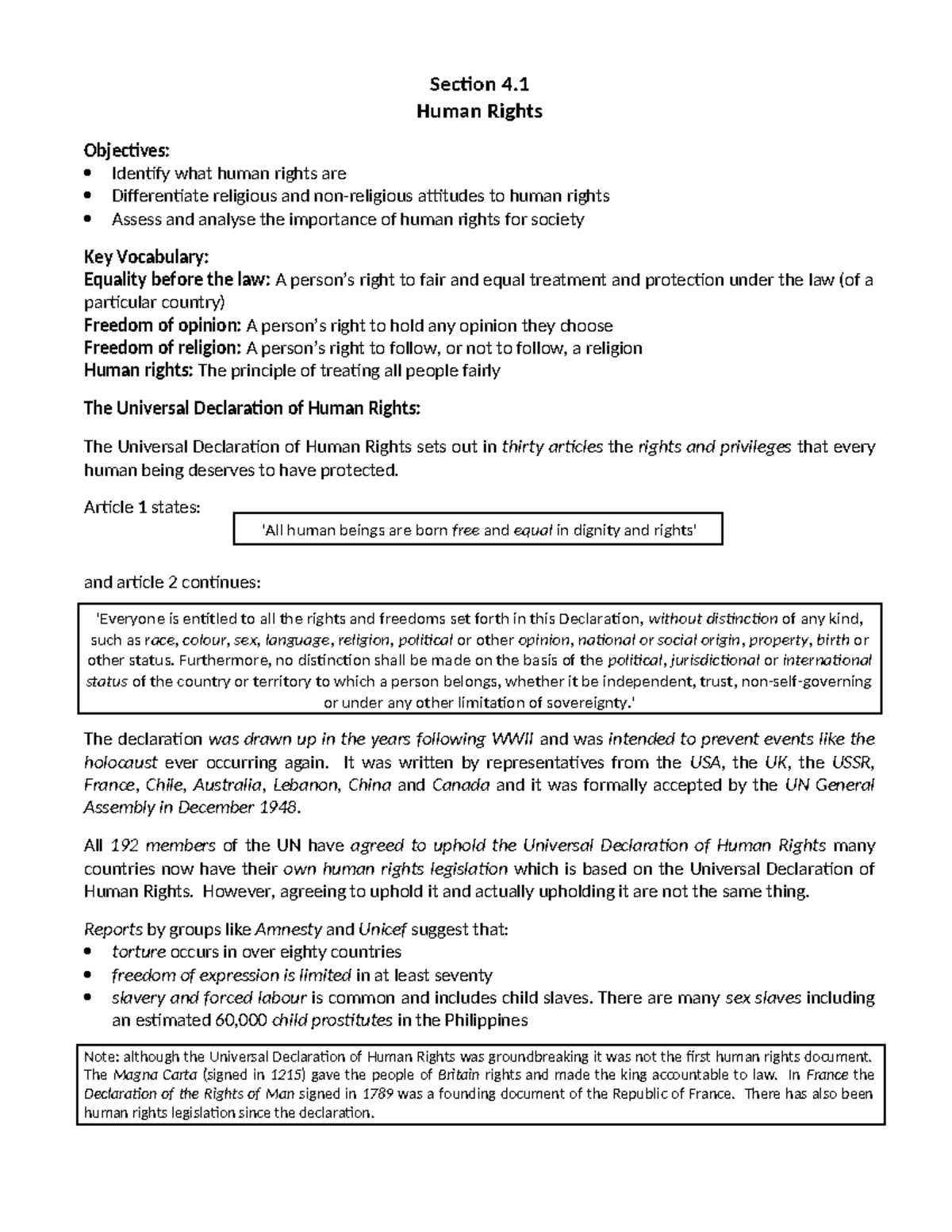 Revision Notes on Section 4.1 - Human Rights - Section 4. Human Rights ...