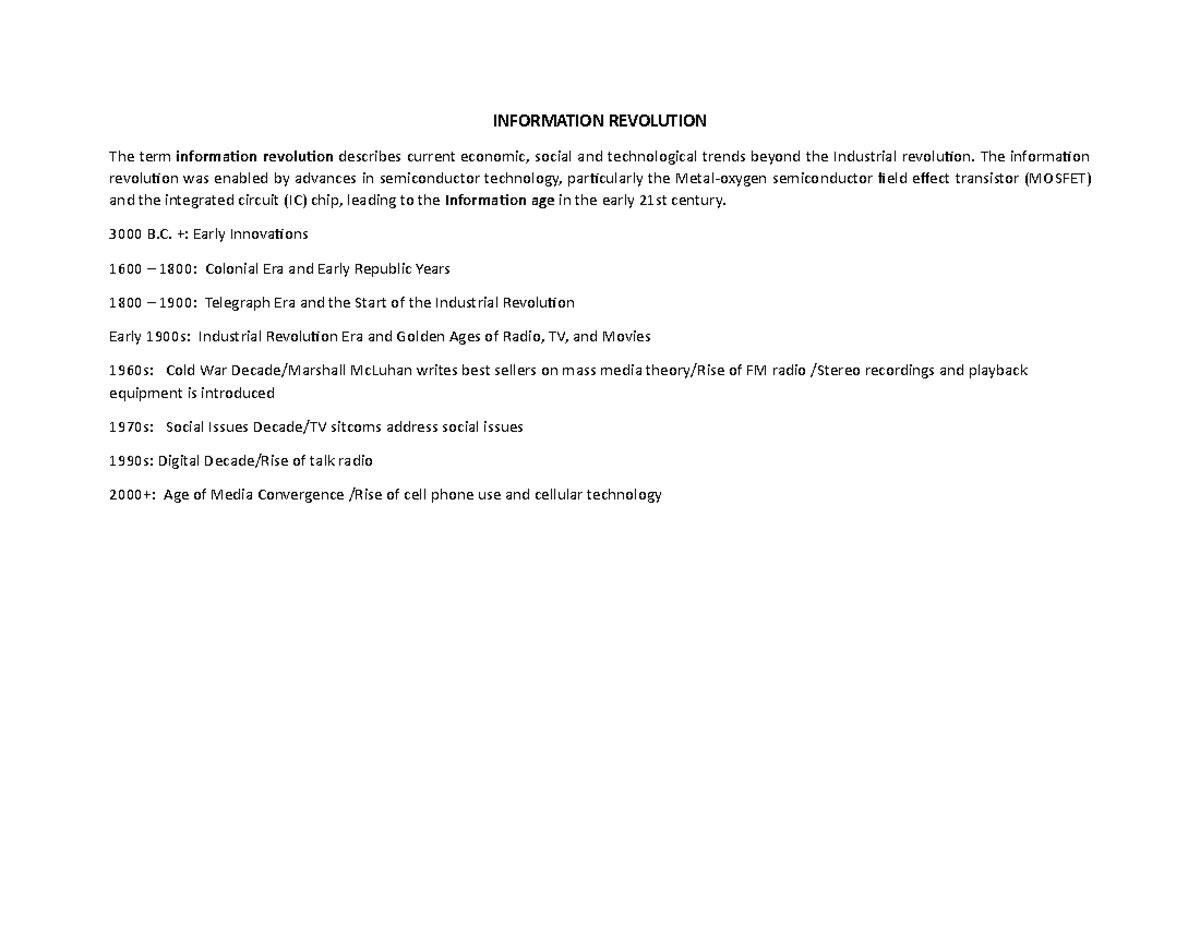 Information Revolution - The information revolution was enabled by ...