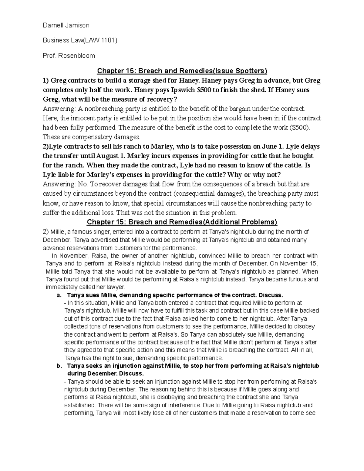 Chapter 15 Breach and Remedies(Issue Spotters) - Business Law(LAW 1101 ...