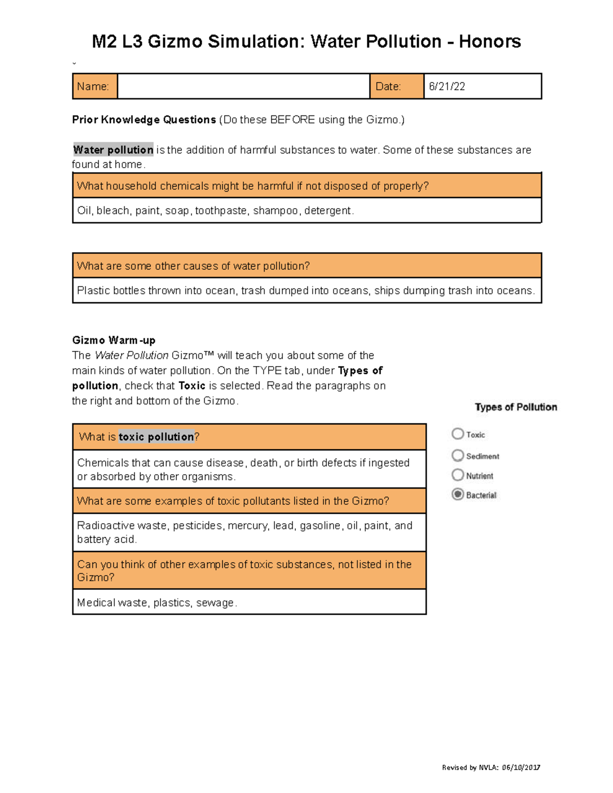 Copy of M2 L3 Gizmo Simulation Water Pollution - Honors - ˇ Name: Date ...