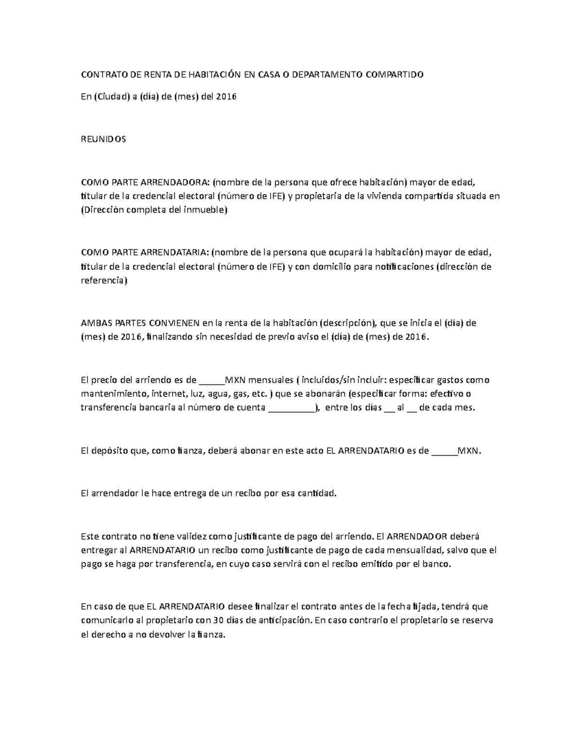 Contrato DE Renta DE Habitación EN CASA O Departamento Compartido ...