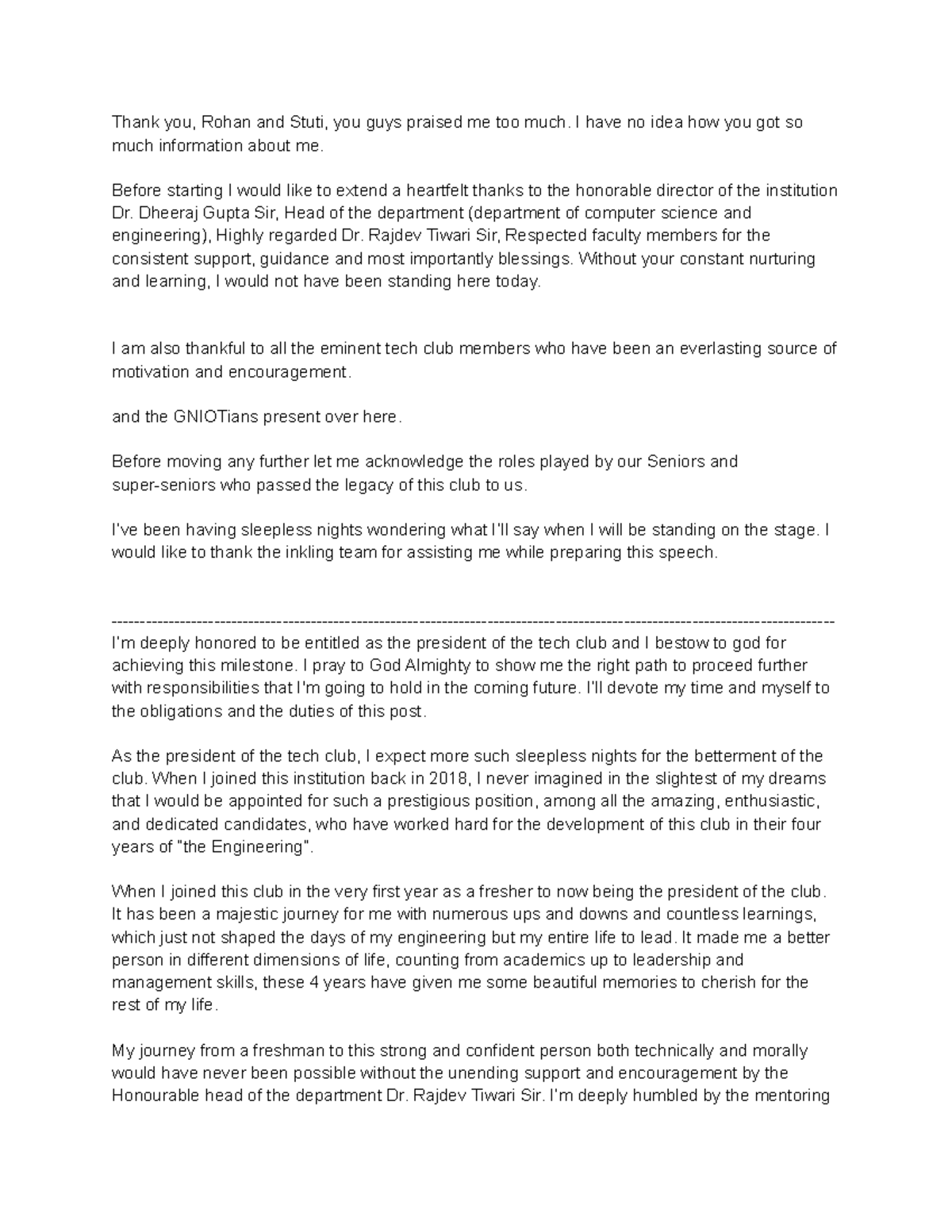 President's speech for a function - English Language Lab - AKTU - Studocu