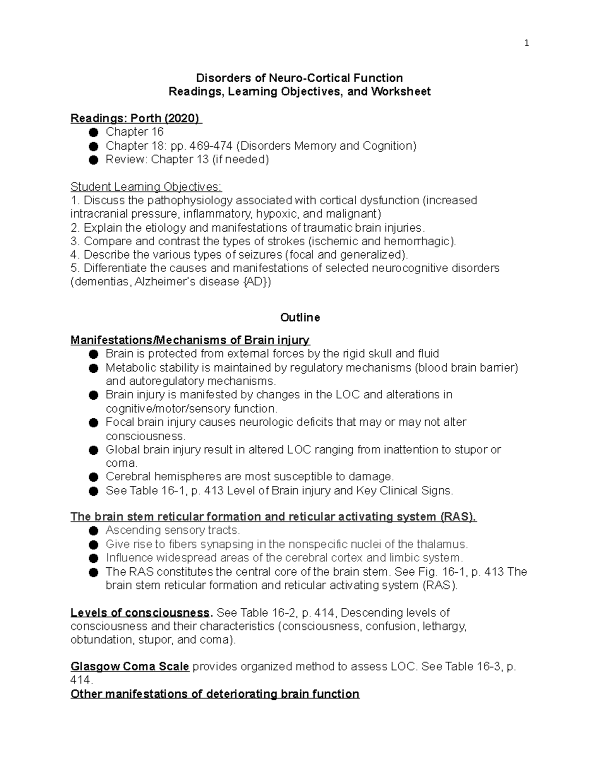 Neurocortical Readings, Objectives, and Outline - Disorders of Neuro ...