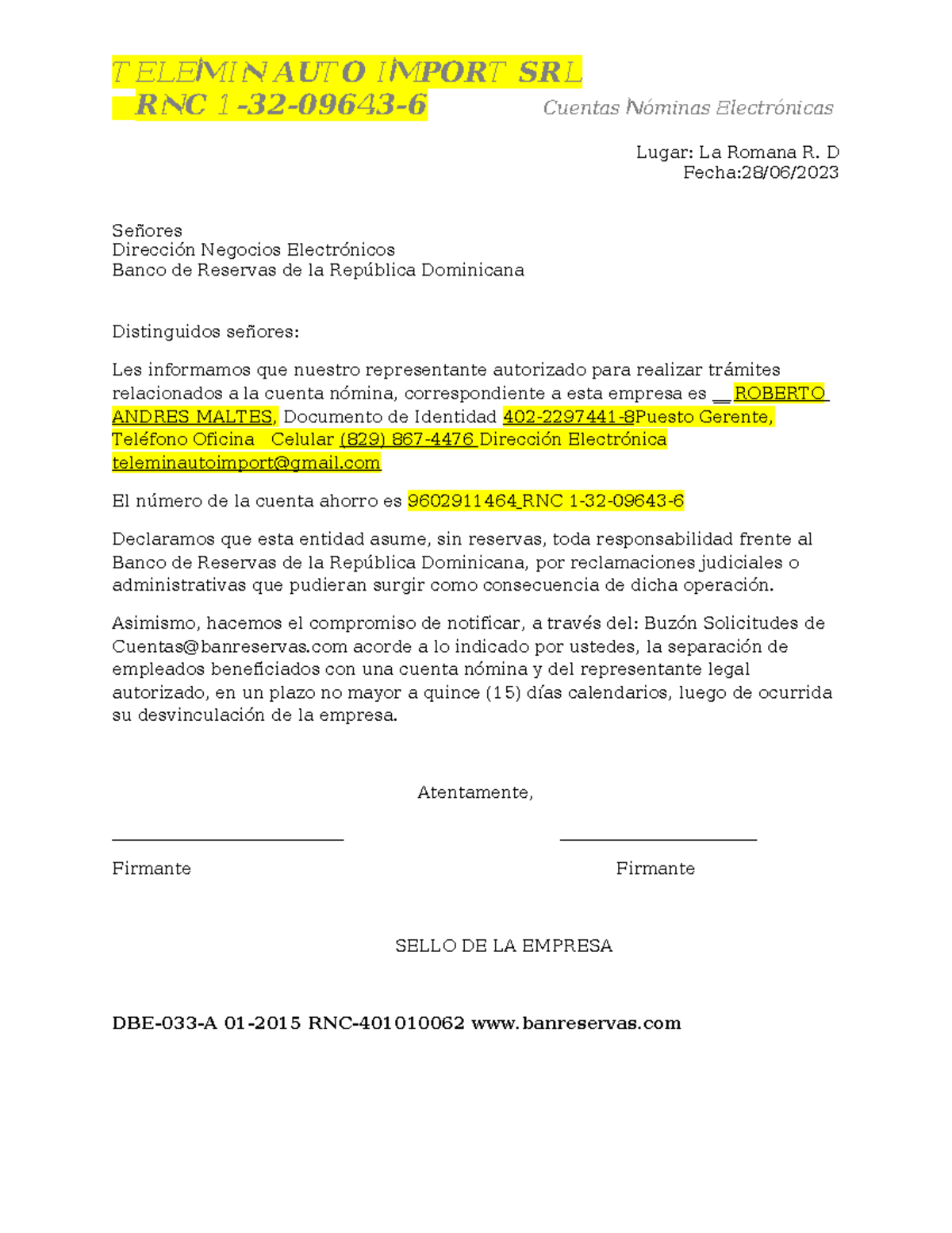 Carta Para Solicitud De Nomina Telemin Auto Import Srl Rnc 1 32 09643